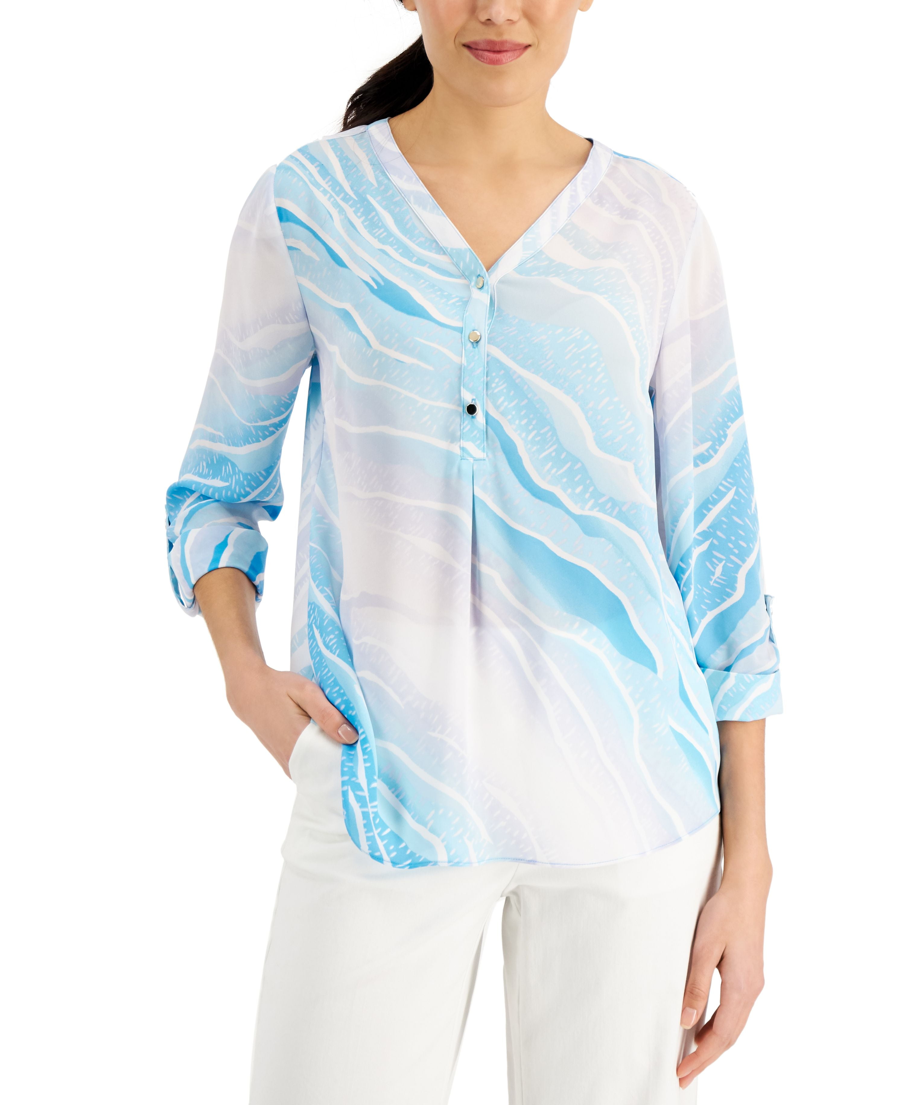 JM Collection Zebra Print Y Neck Roll Tab Top Ocean Turqoise Combo M ...