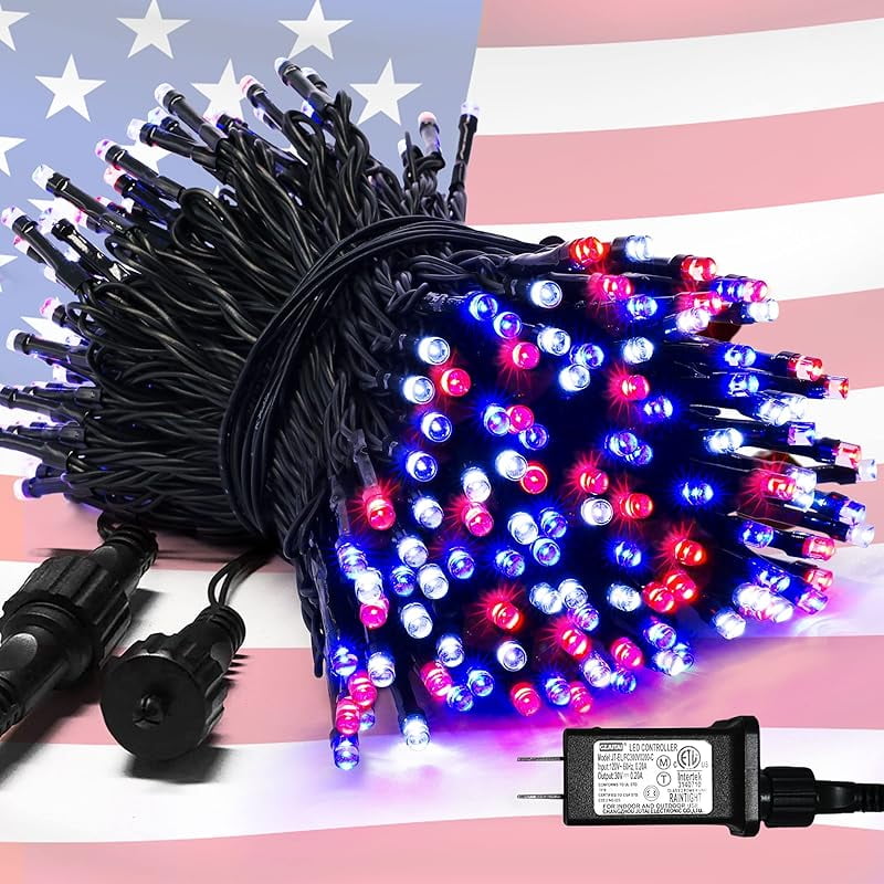 JMEXSUSS 200 LED 66ft Red White and Blue Lights Outdoor, Expandable ...