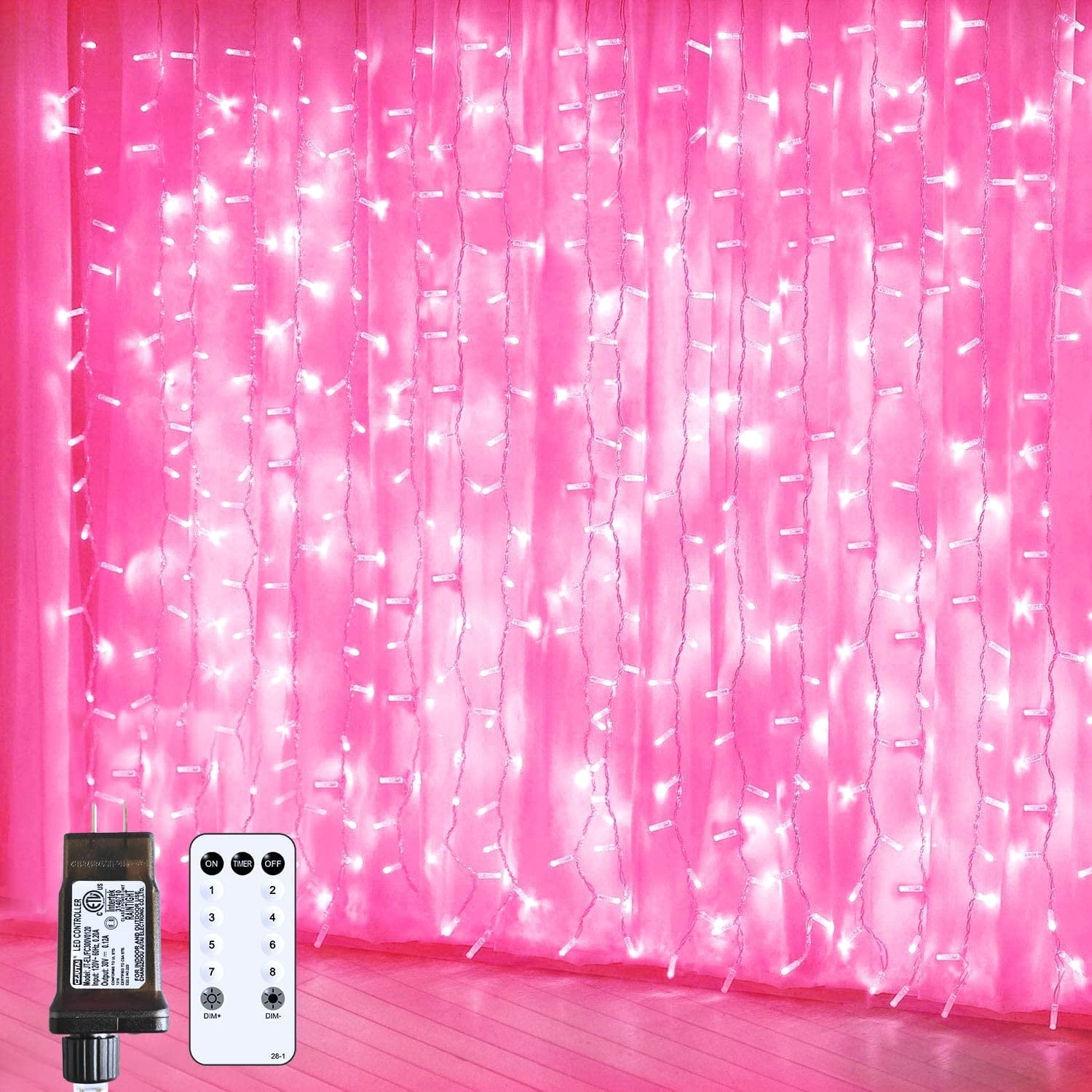 JMEXSUSS 300 LED Remote Control Pink Curtain Lights, 8 Modes Window ...