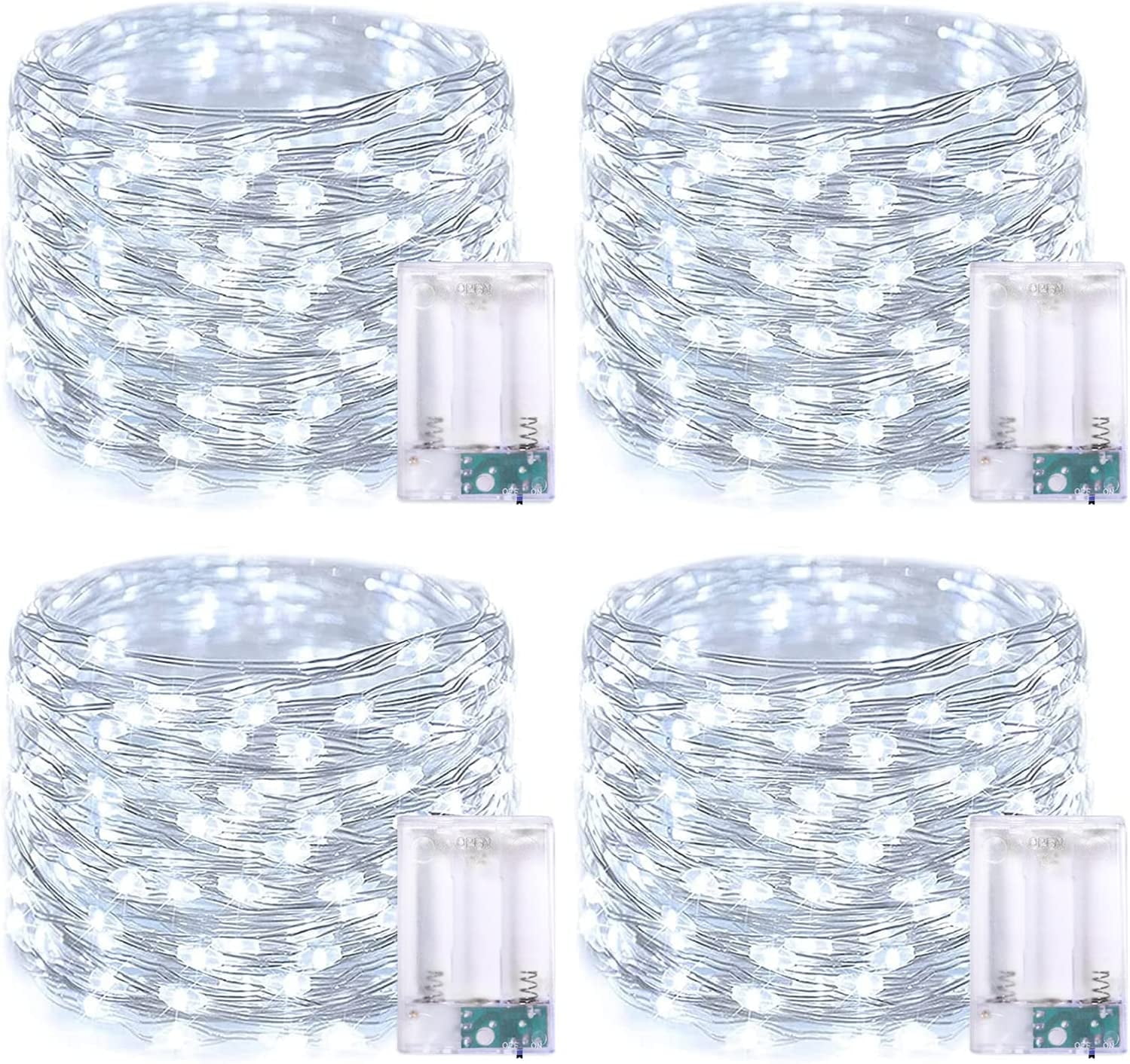 JMEXSUSS 4 Pack 50 LED Fairy Lights Battery Operated Silver Wire 16.1ft ...