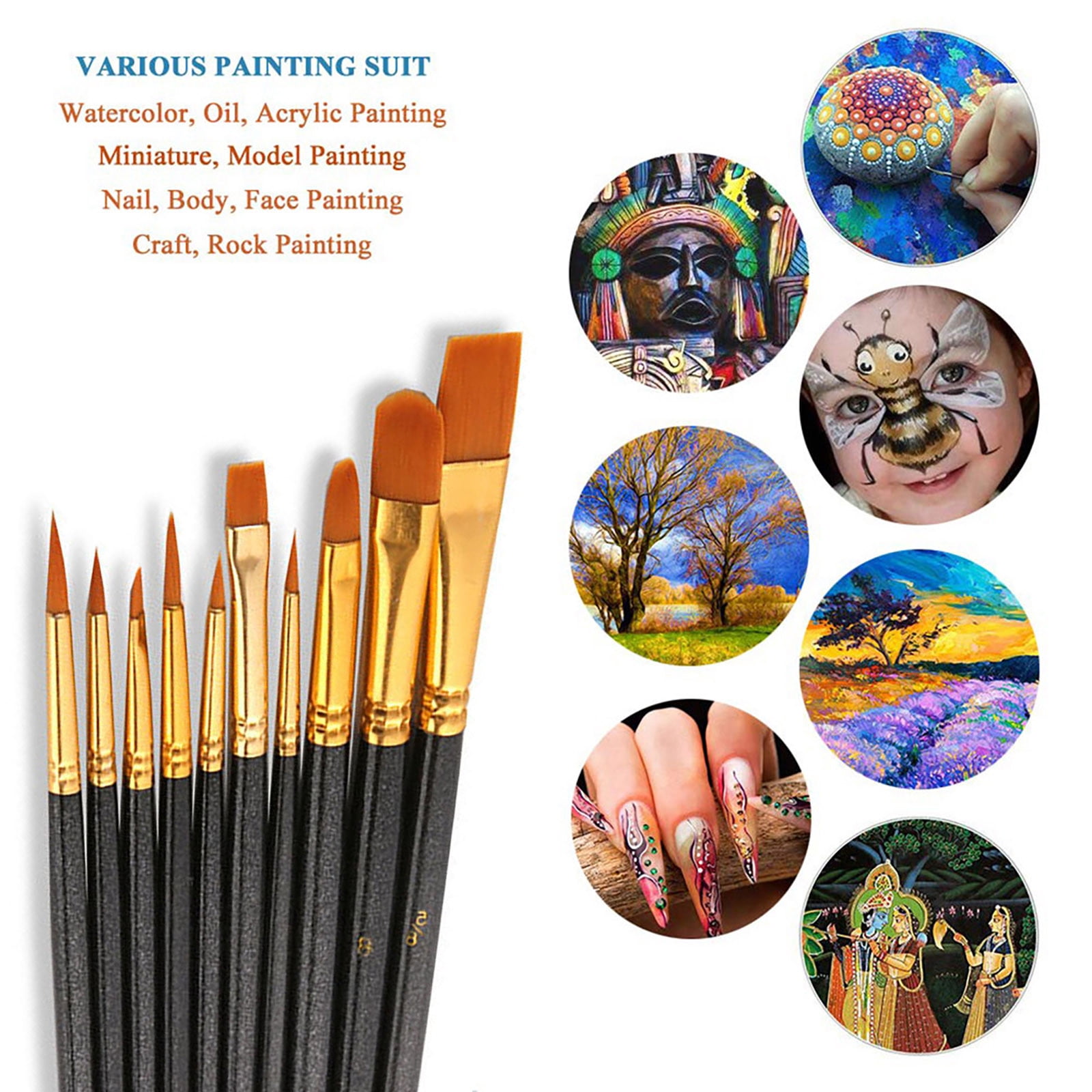 JMKQLZ Acrylic Paint Brush Set, 10 pcs Nylon Hair Brushes for All ...