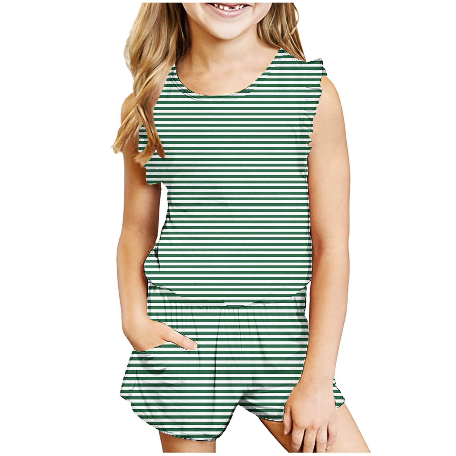 JMKQLZ Girl's Shorts Sets Stripe Crew Neck Ruffle Sleeveless Shirt and ...
