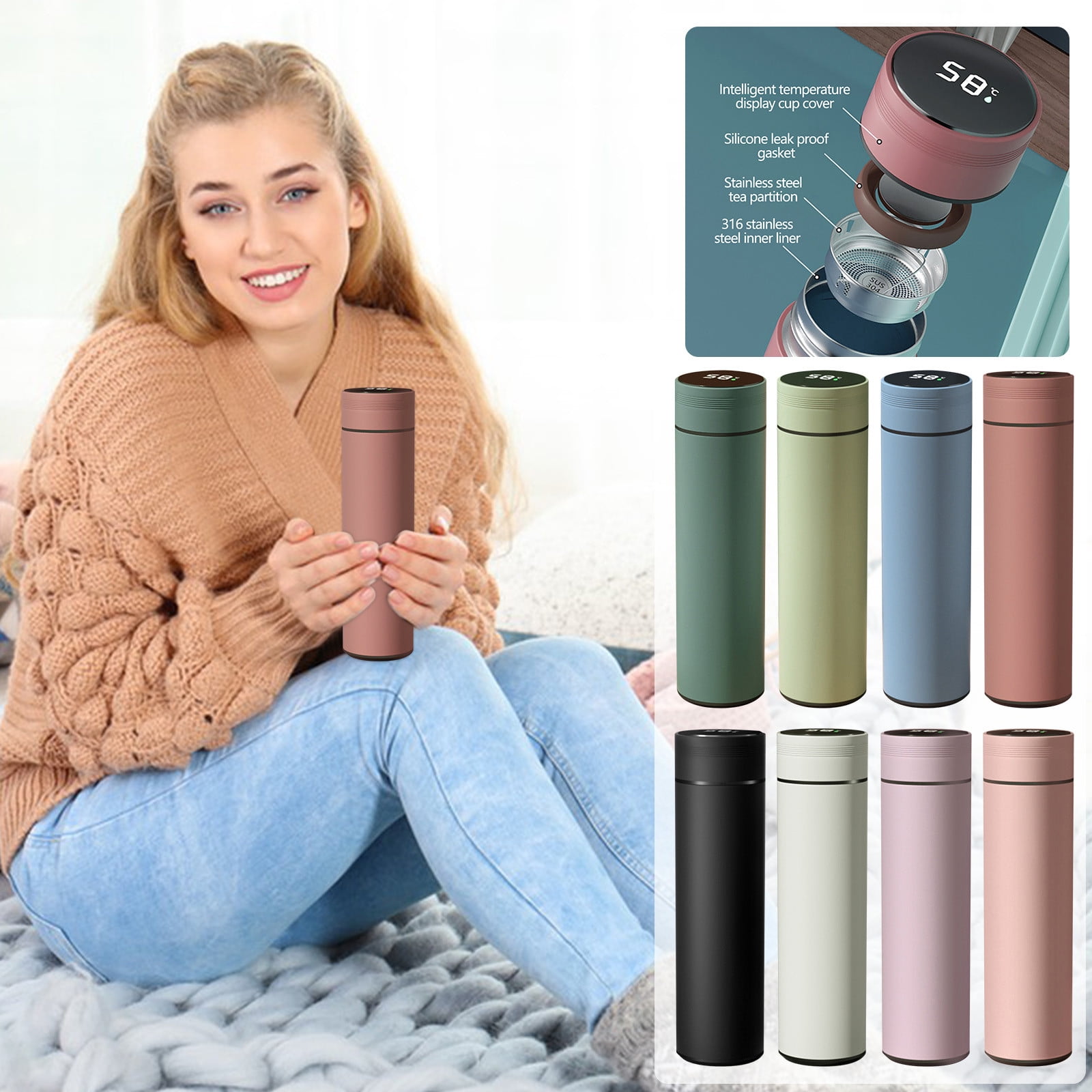 JMKQLZ LED Temperature Display Tea Infuser Vacuum Flask - 480ml Insulated Coffee Travel Mug with ...