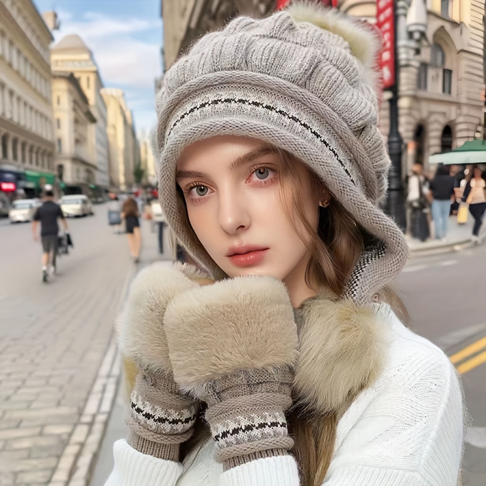 JMKQLZ Women Winter Beanie Hats Gloves Set Knit Caps with Pompoms ...