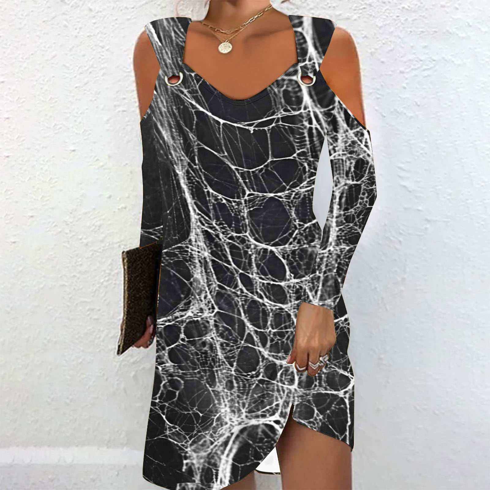 JMKQLZ Womens Cold Shoulder Dress Spider Web Pattern Dress, Women's ...