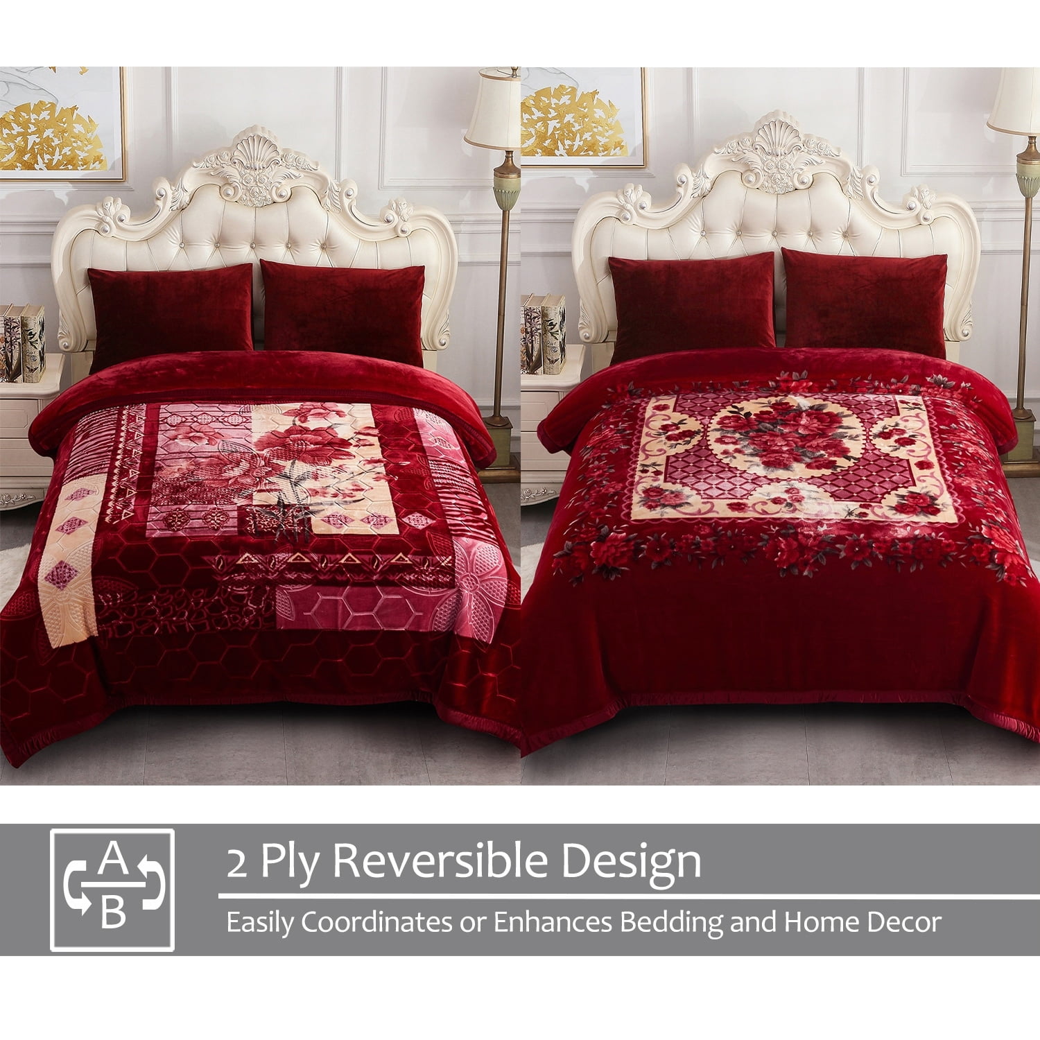 JML 2 Ply A&B Printed Raschel Bed Blanket 85" x 95"-10 Pounds Red Rose ...