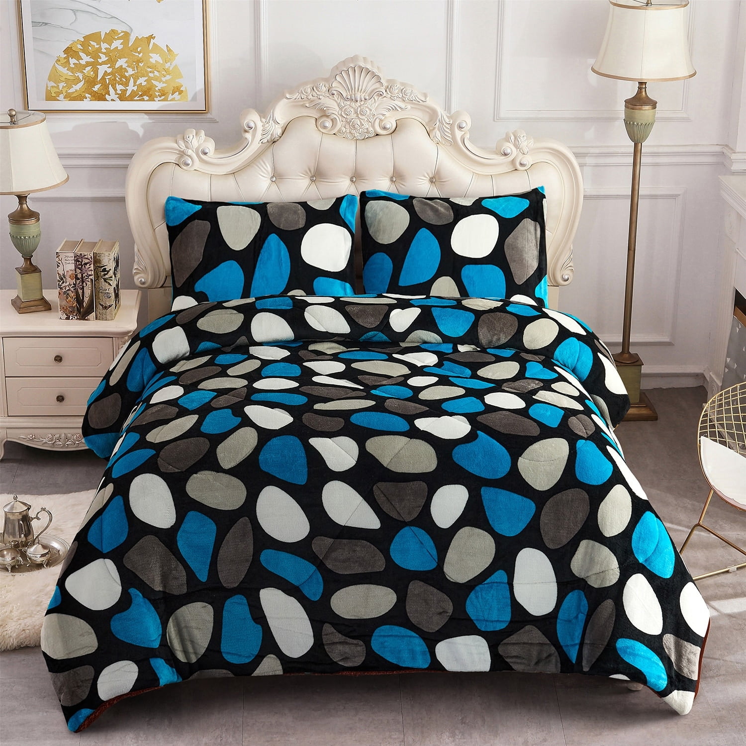 JML 3-Piece Floral Printed Sherpa-Backing Reversible Comforter Set Blue ...