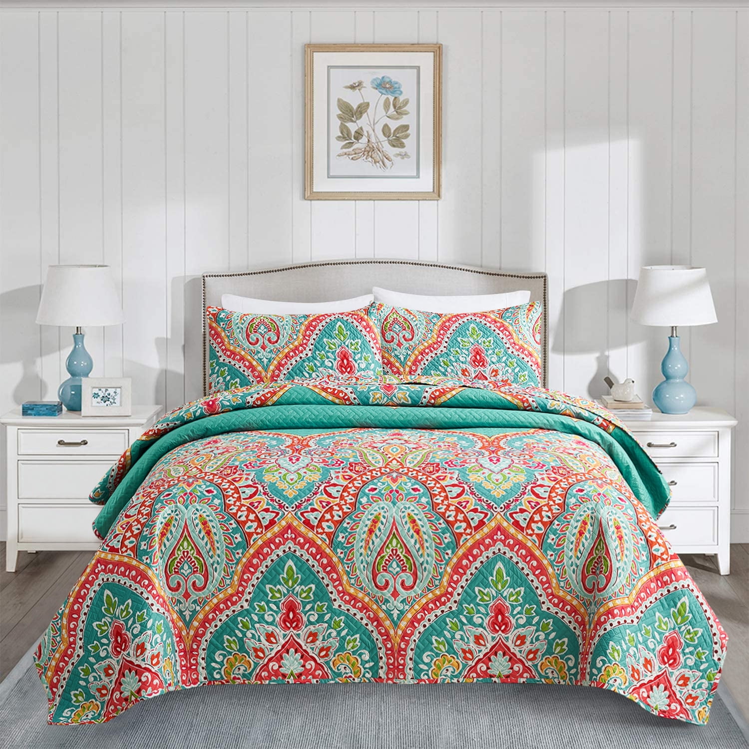 JML King Size Comforter Set, 3-Piece Quilt with 2 Shams, Soft Microfiber, Orange & Teal ...
