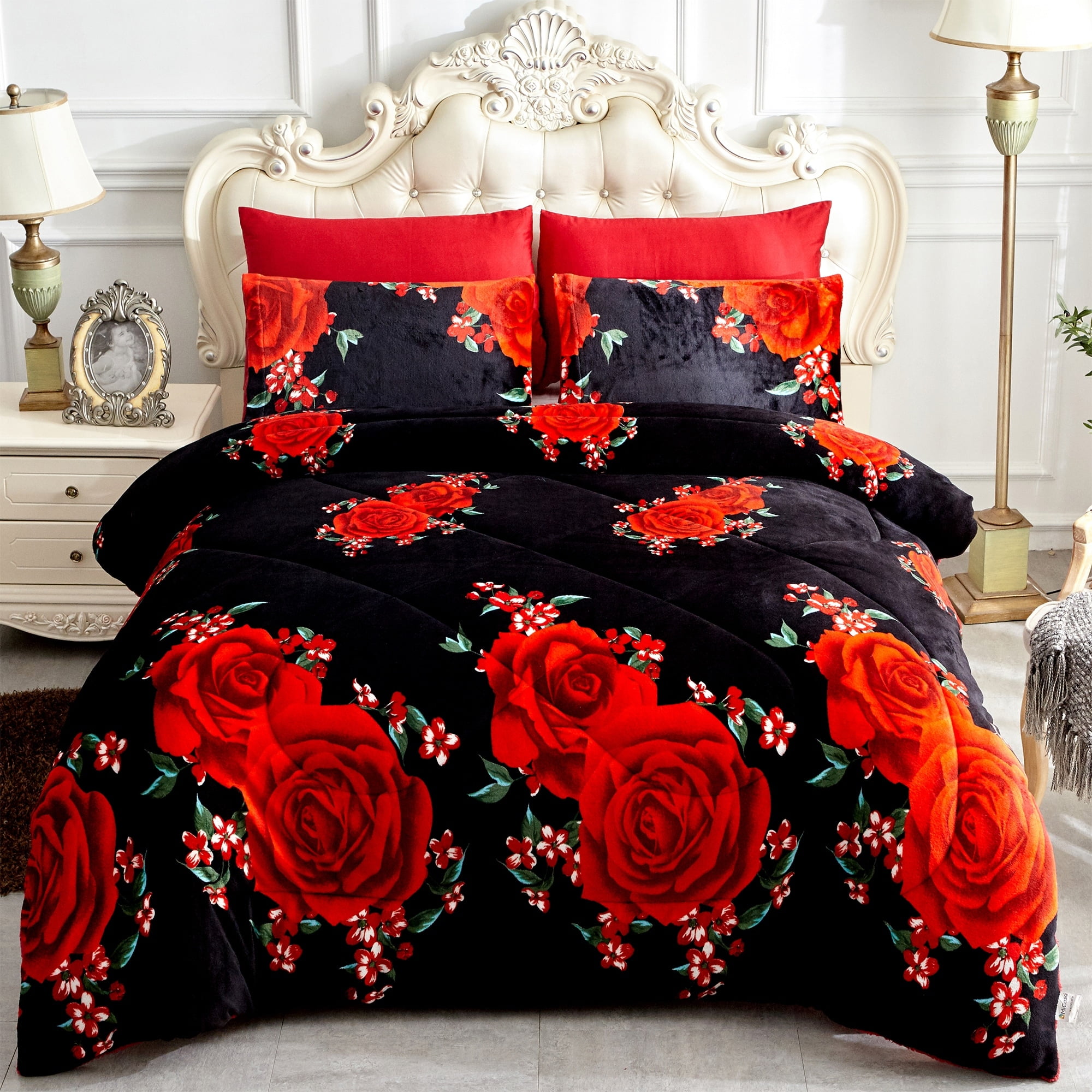 JML 3 piece Fleece/ Sherpa Comforter Set Red Rose Queen Floral ...
