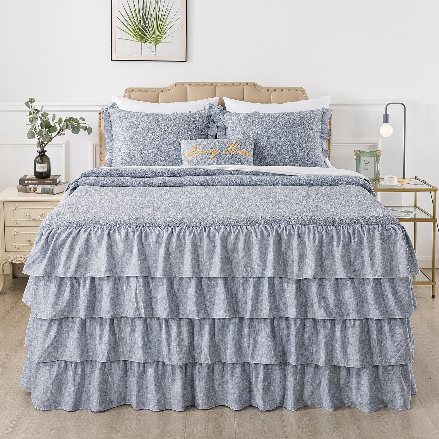JML 4 Piece Knit Ruffled Style Bed Skirt Coverlets Bedspreads Blue King ...