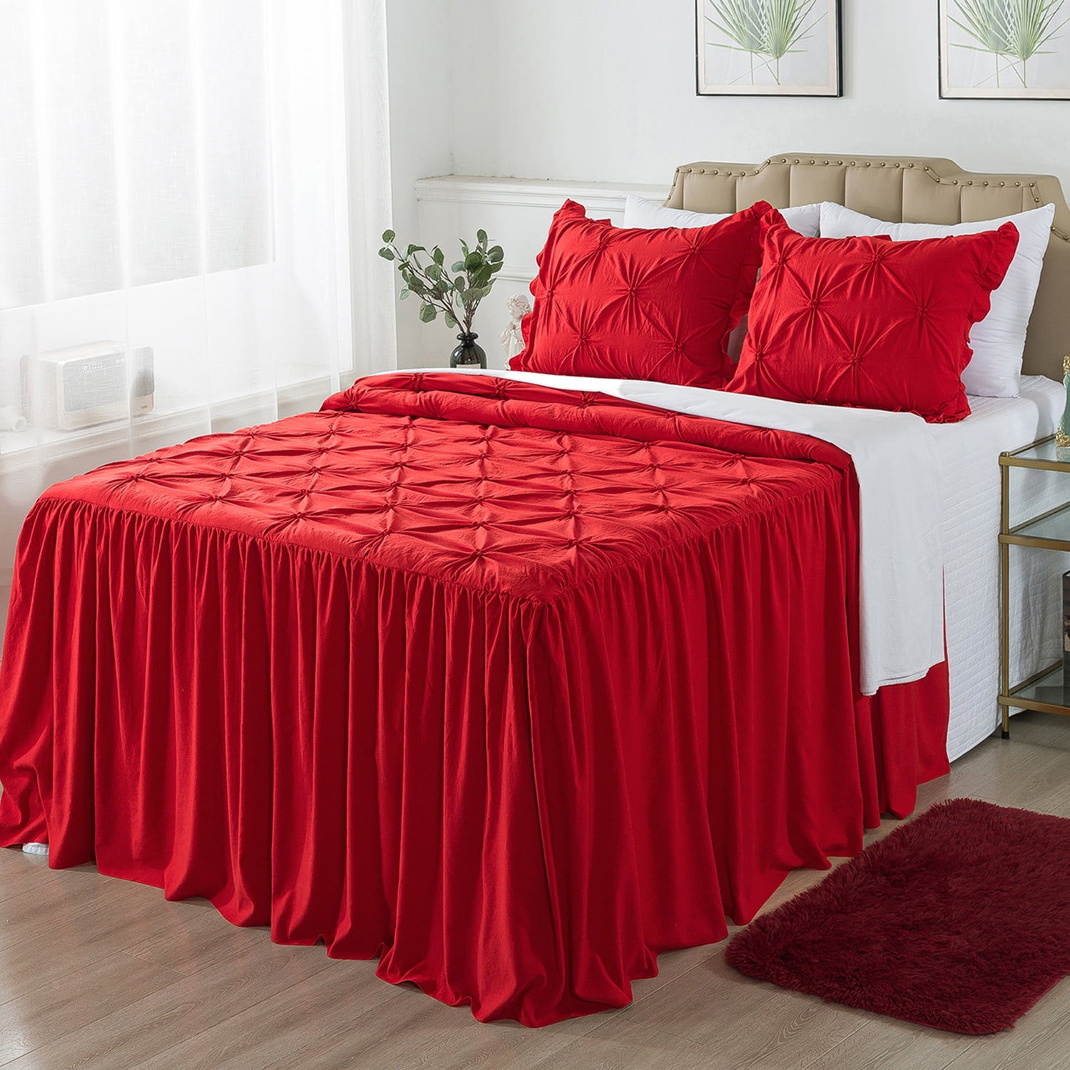 JML 4 Piece Pintuck Ruffle Skirt Bedspread Full Size,Red Coverlet with ...