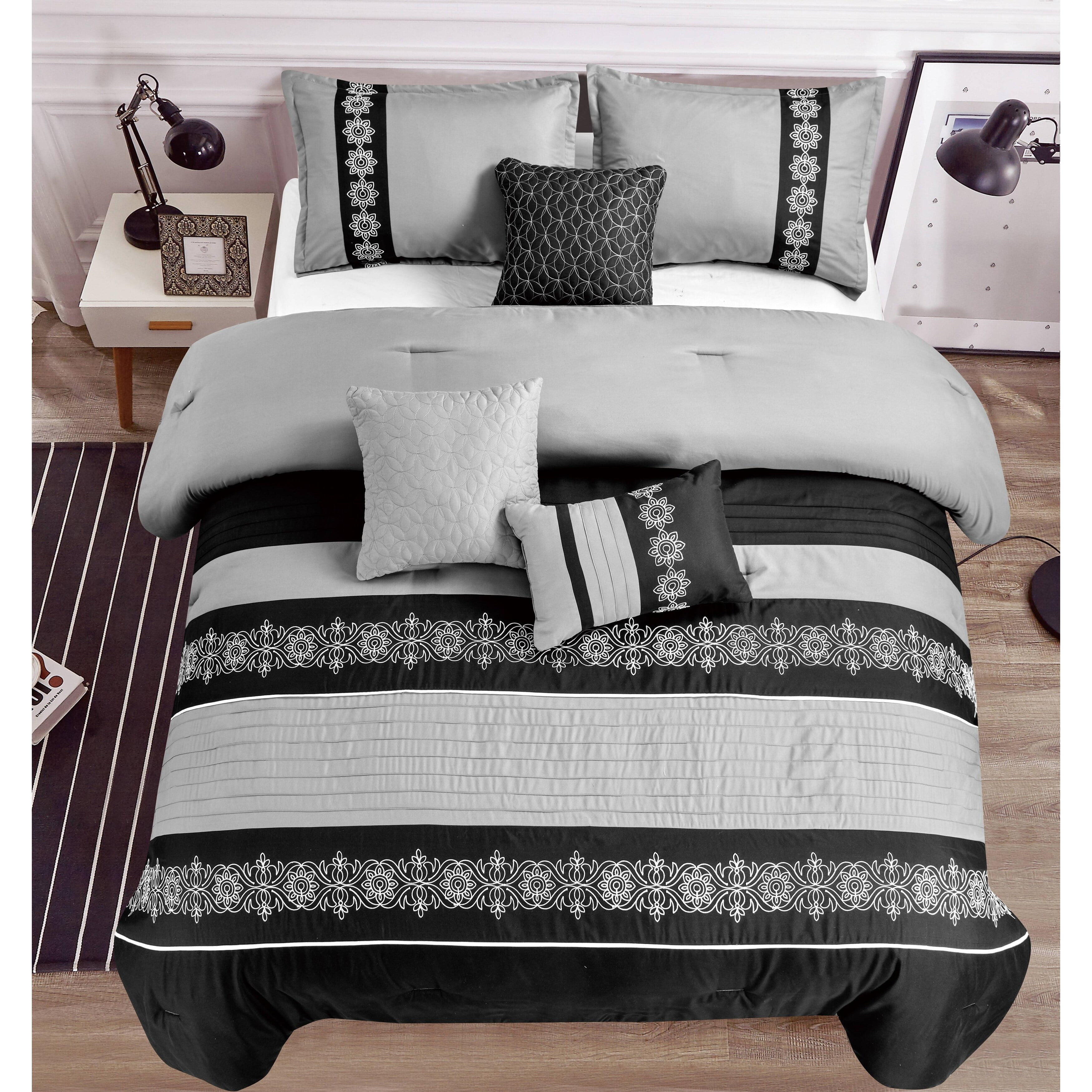 JML 7 Piece Comforter Set Embroidered Bed in a Bag Grey and Black King ...