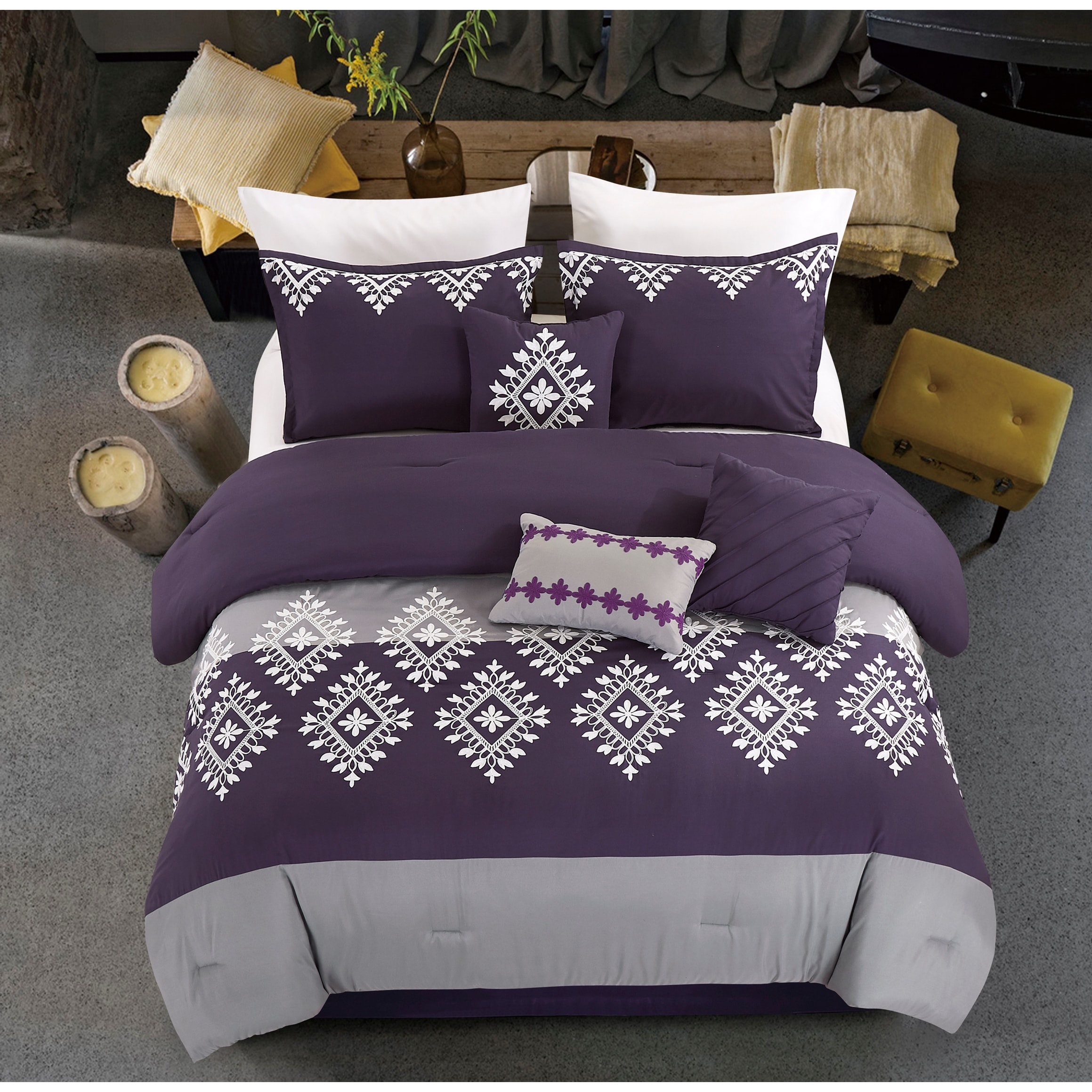 JML 7 Piece Comforter Set Embroidered Bed in a Bag Purple and Grey King ...