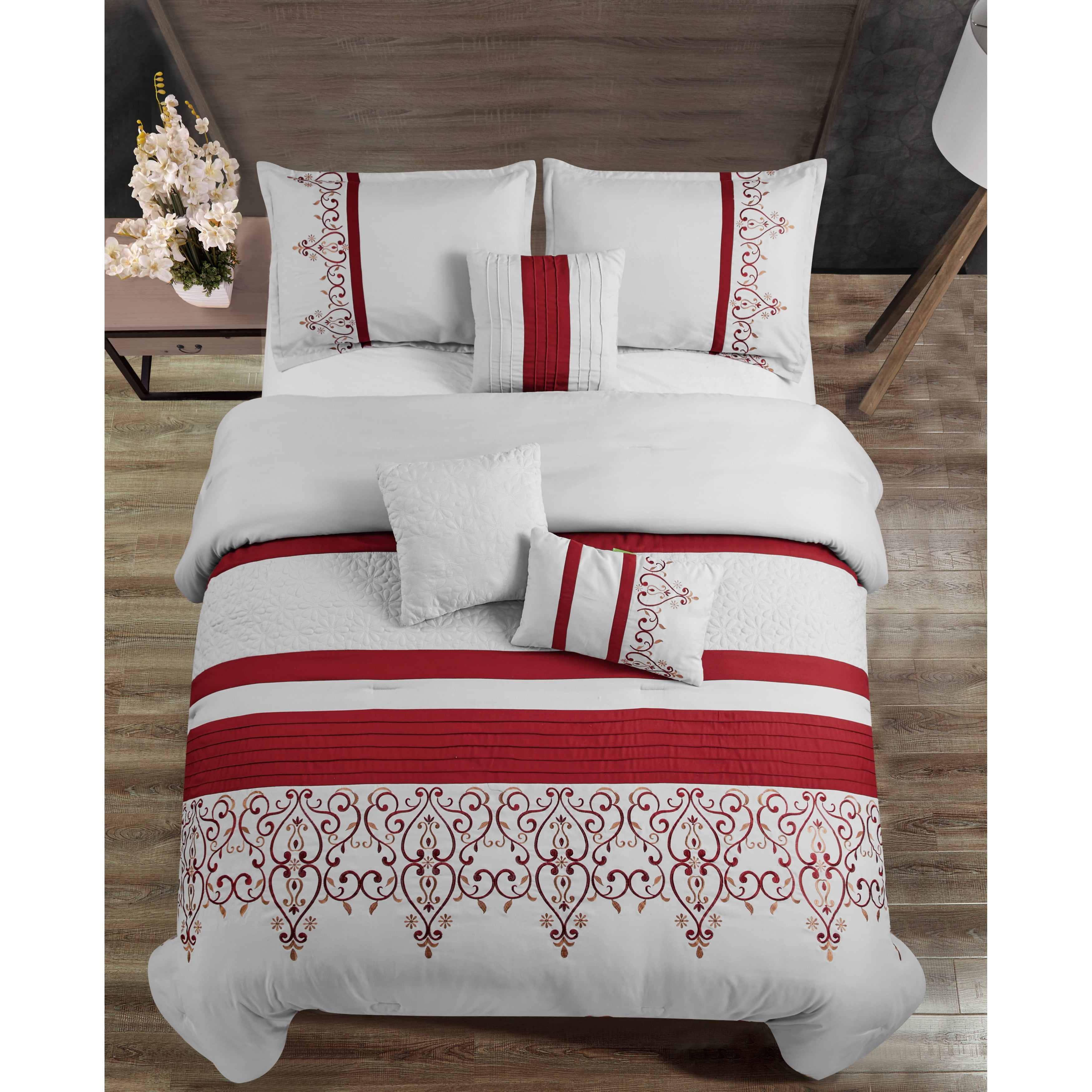 JML 7 Piece Comforter Set Embroidered Bed in a Bag Red and Grey Queen ...