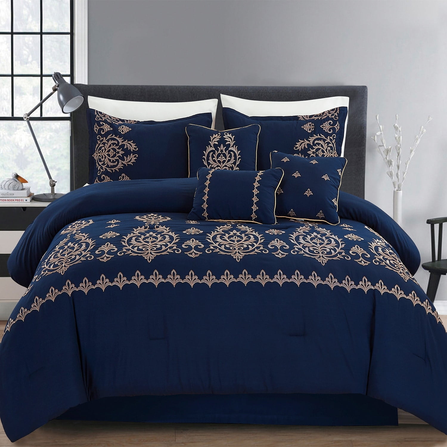 JML 7 Piece Comforter Set Embroidered Design Bed in a Bag Dark Blue ...