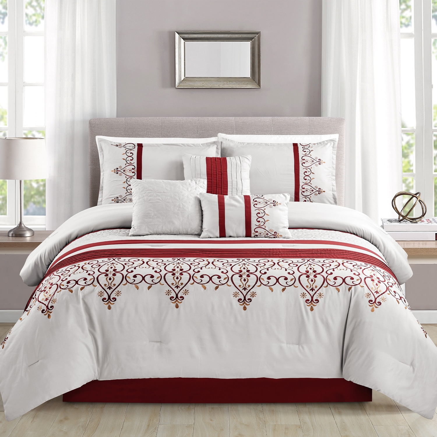 JML 7 Piece Comforter Set Embroidered Design Bed in a Bag Red and Grey ...