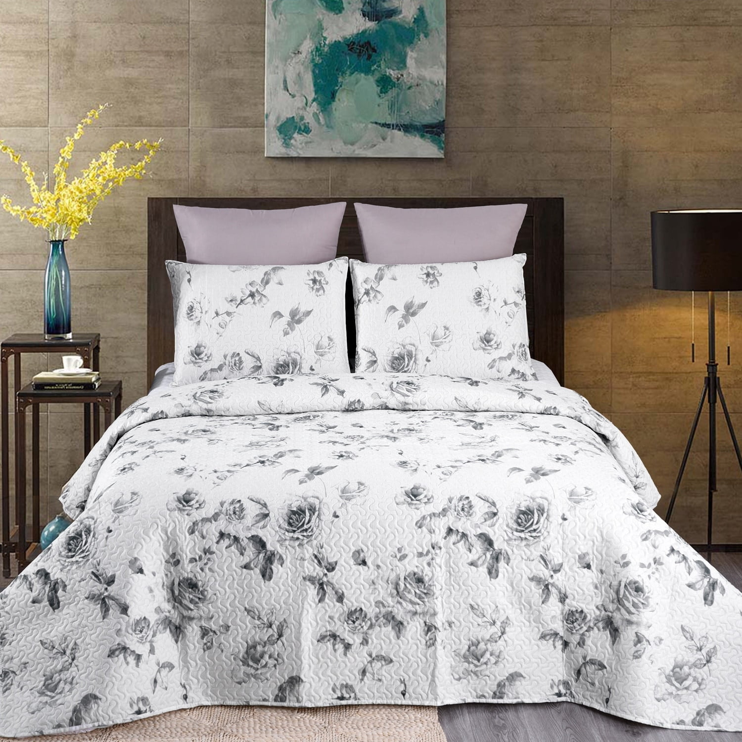 JML Boho Stripe Quilt Reversible 3 Piece Bohemian Design Bedding Set Grey Floral Full - Queen ...