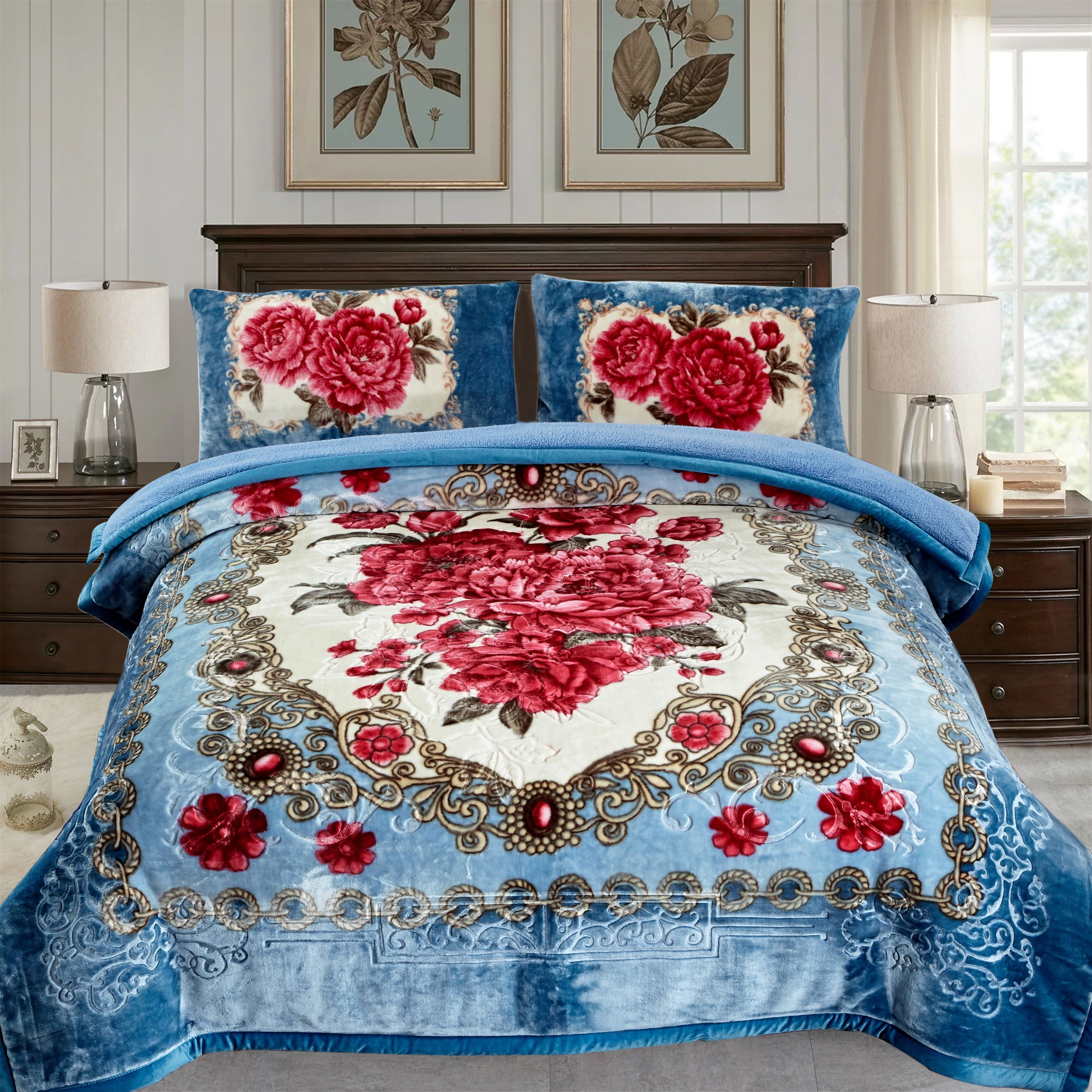 JML Gorgeous Ultra-Soft Micromink Sherpa Comforter Bed Set Blue Floral ...