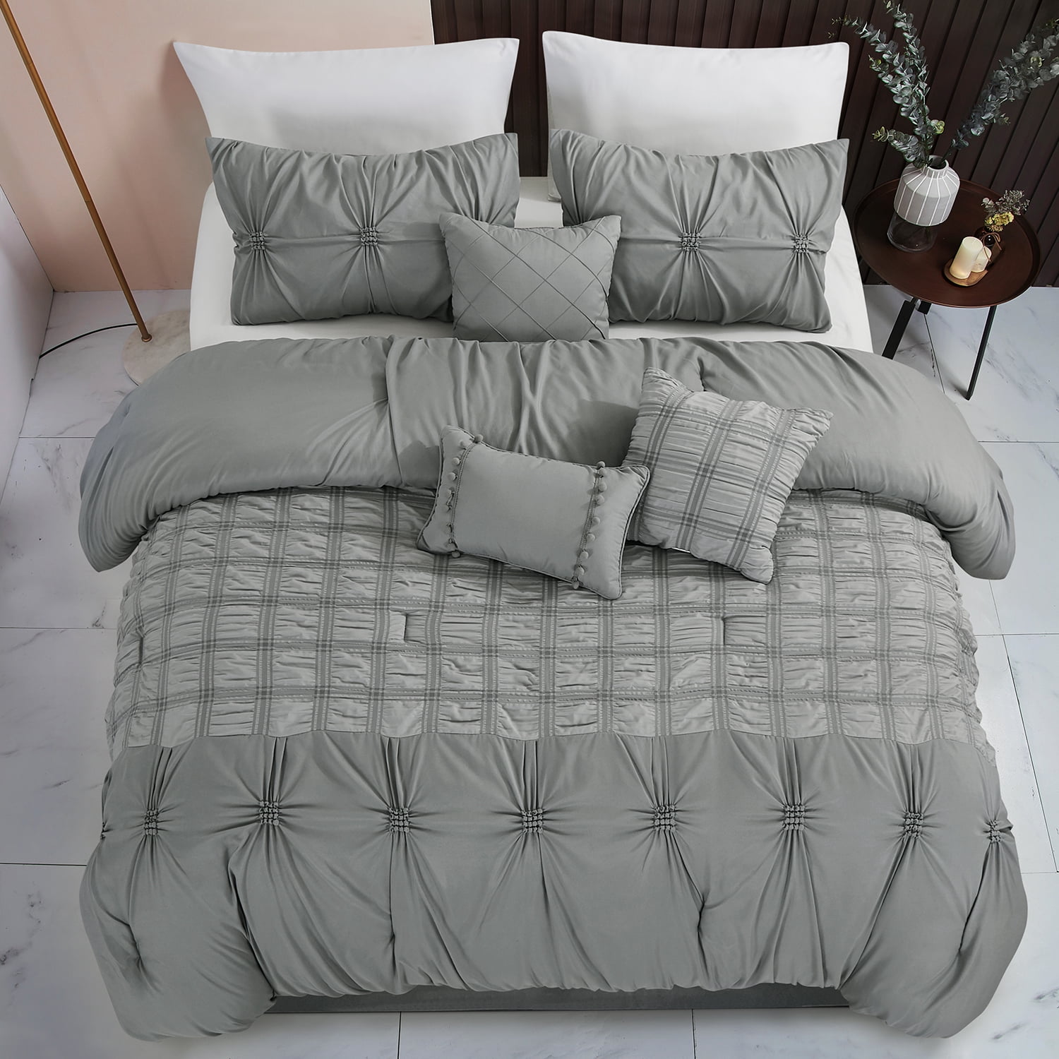 JML 7-Piece King Comforter Set, Microfiber Pinch Pleat Bedding ...