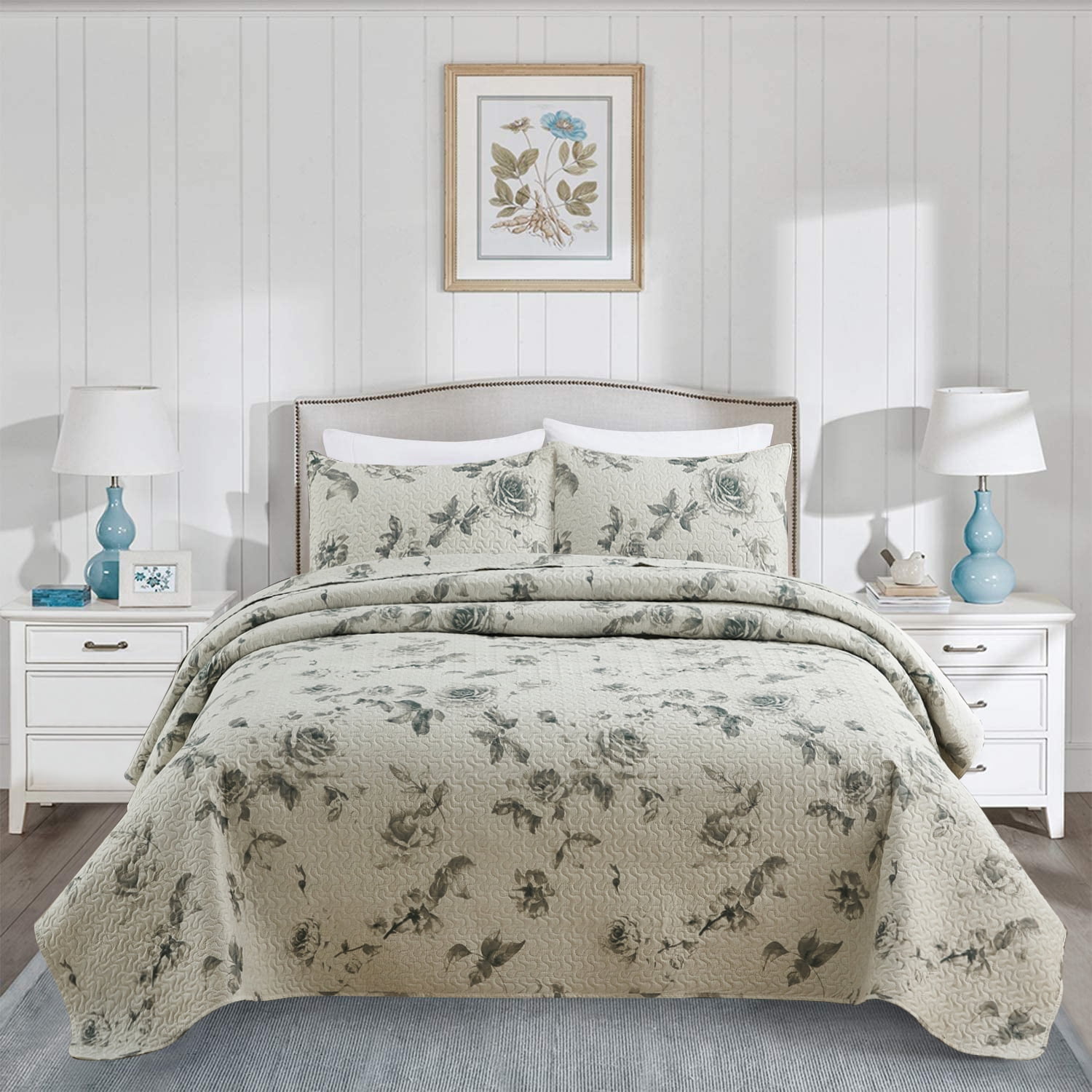 JML Luxury Grey and White Floral Microfiber Quilt with Shams, King ...