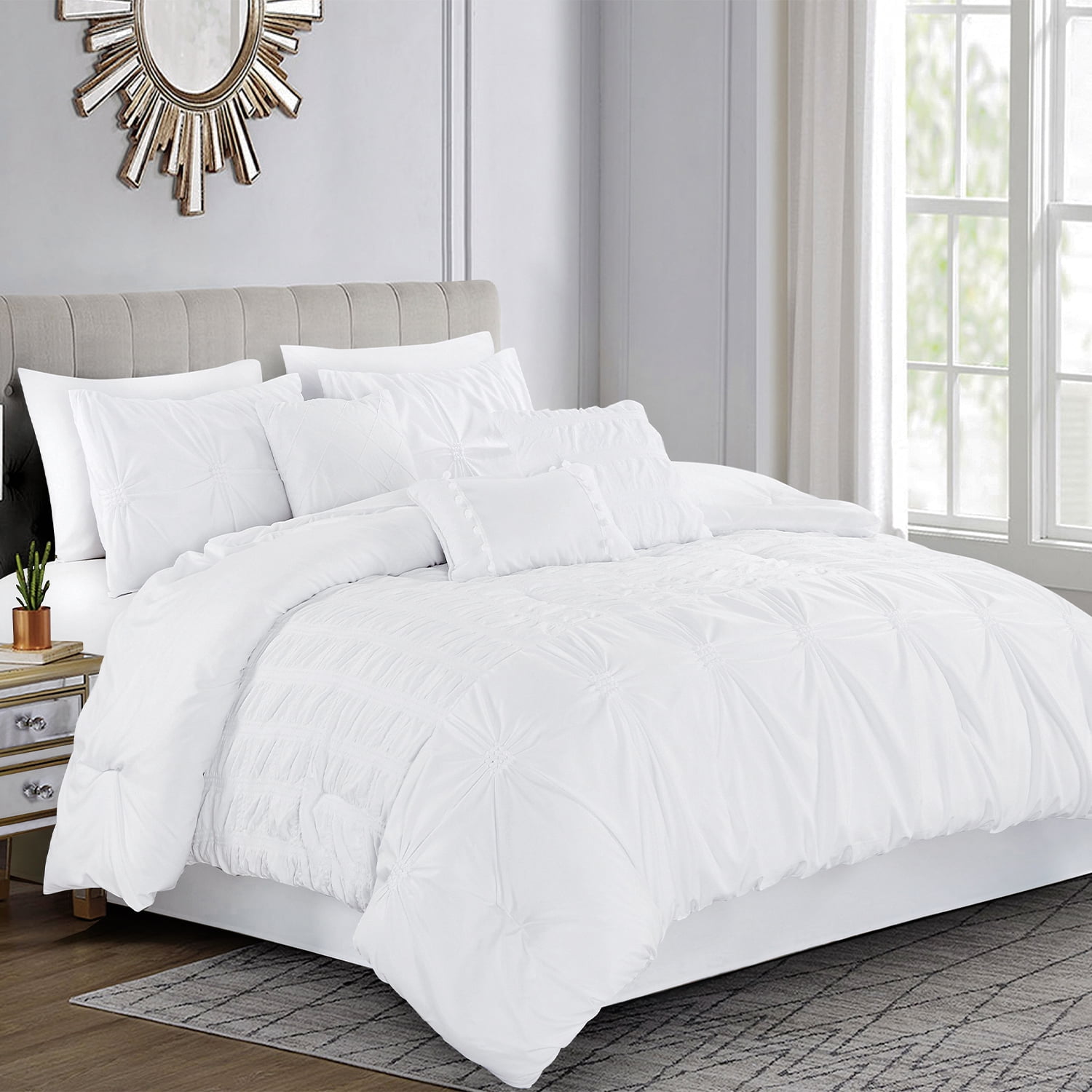 JML King Size Bedding Set, 7-Piece Comforter Set, White, Needle Stitch ...