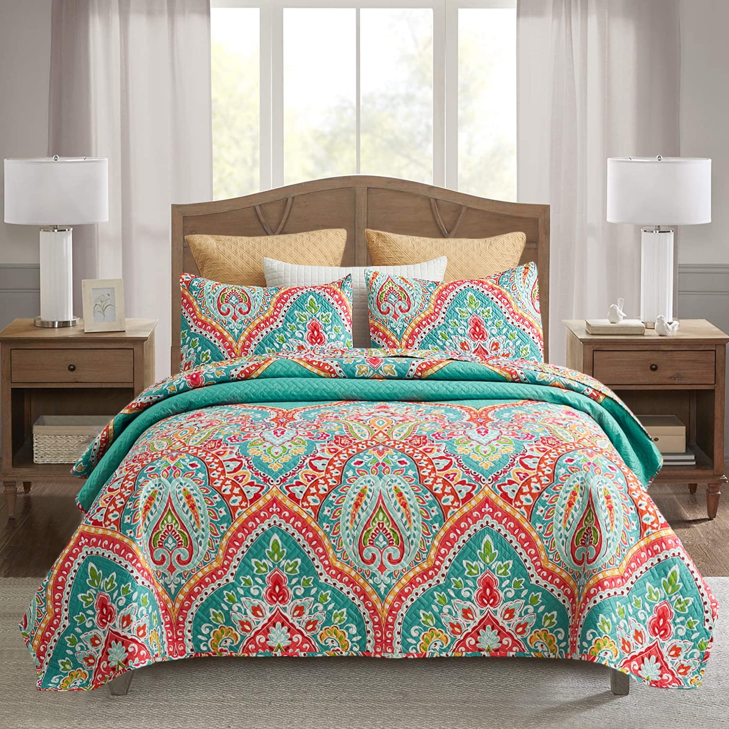 JML King Size Bedding Quilt Set, Turquoise & Tangerine, 3 Piece ...