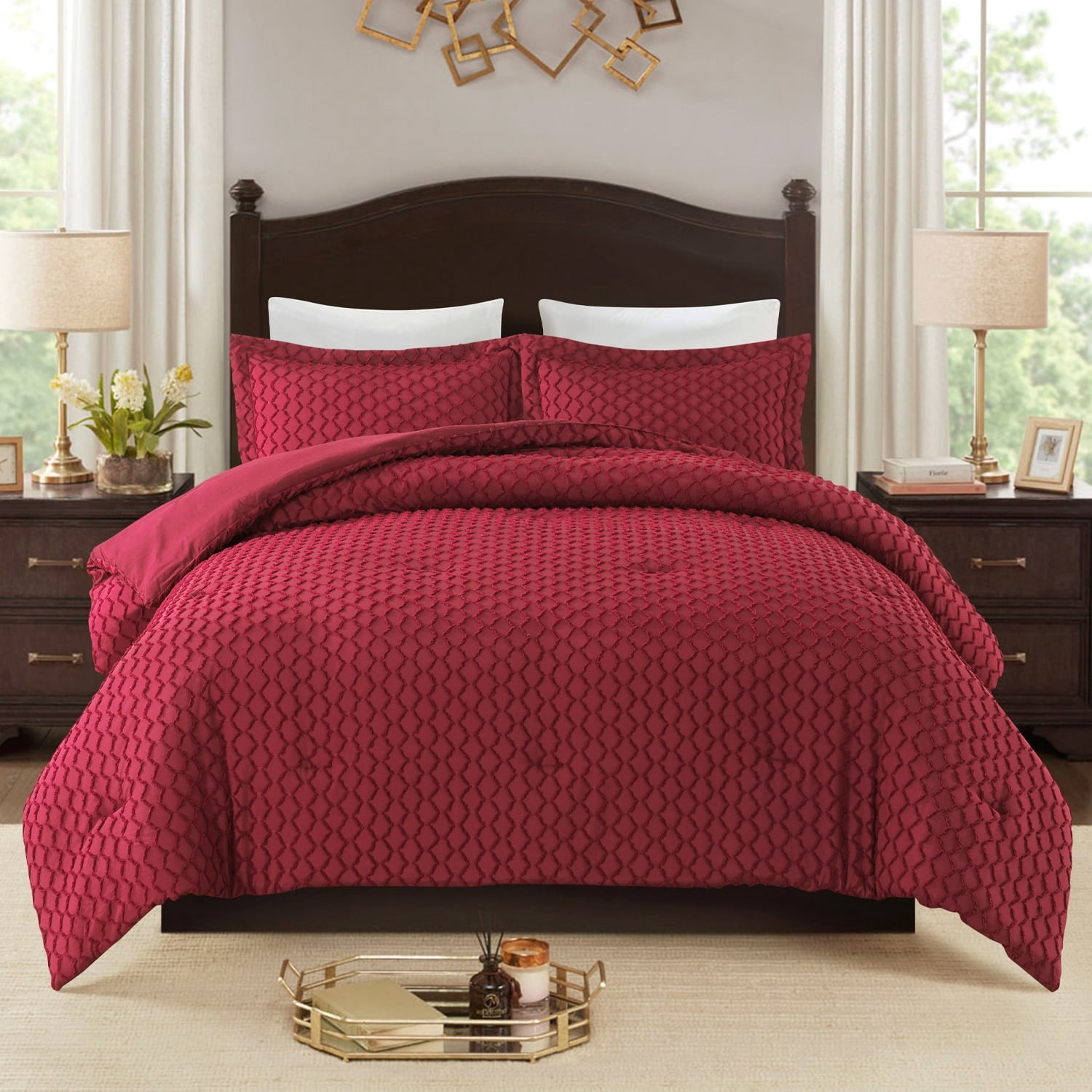 JML Tufts Accent Shabby Chic Comforter Set for All Season Burgundy Twin ...