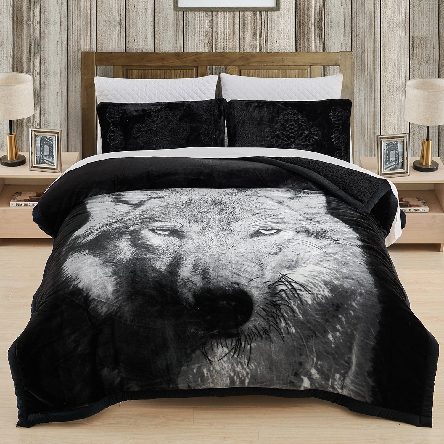 JML Ultra Plush Printed 3-piece Sherpa Borrego Comforter Set Black Wolf ...