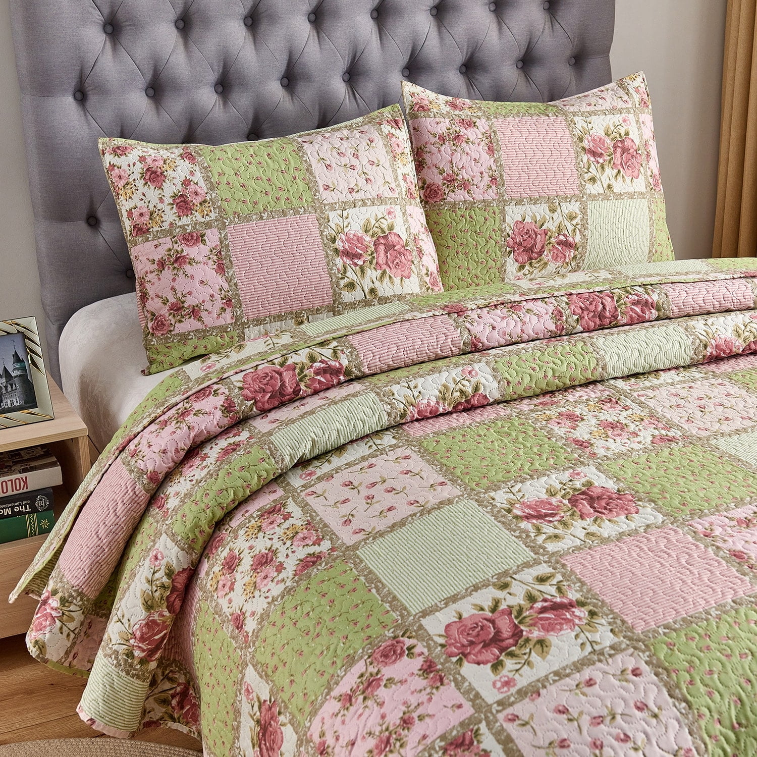 JML Vintage Rose Reversible Quilt Set, Bedspread, Coverlet Pink ...