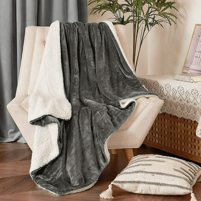 JML Warm Reversible Sherpa Fleece Throw Blanket, Gray, Standard Throw ...
