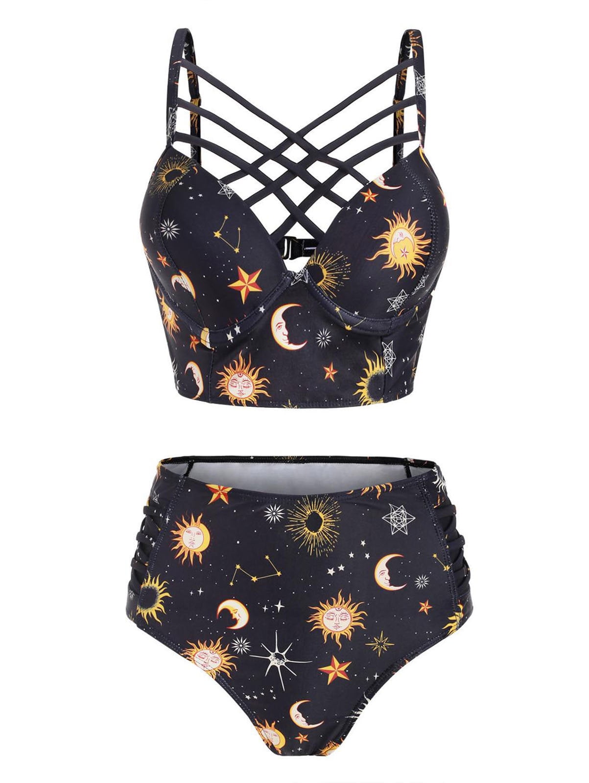 JMSUN Women's Sun Star Moon Print Tankini, Underwire, High Waisted, Two ...