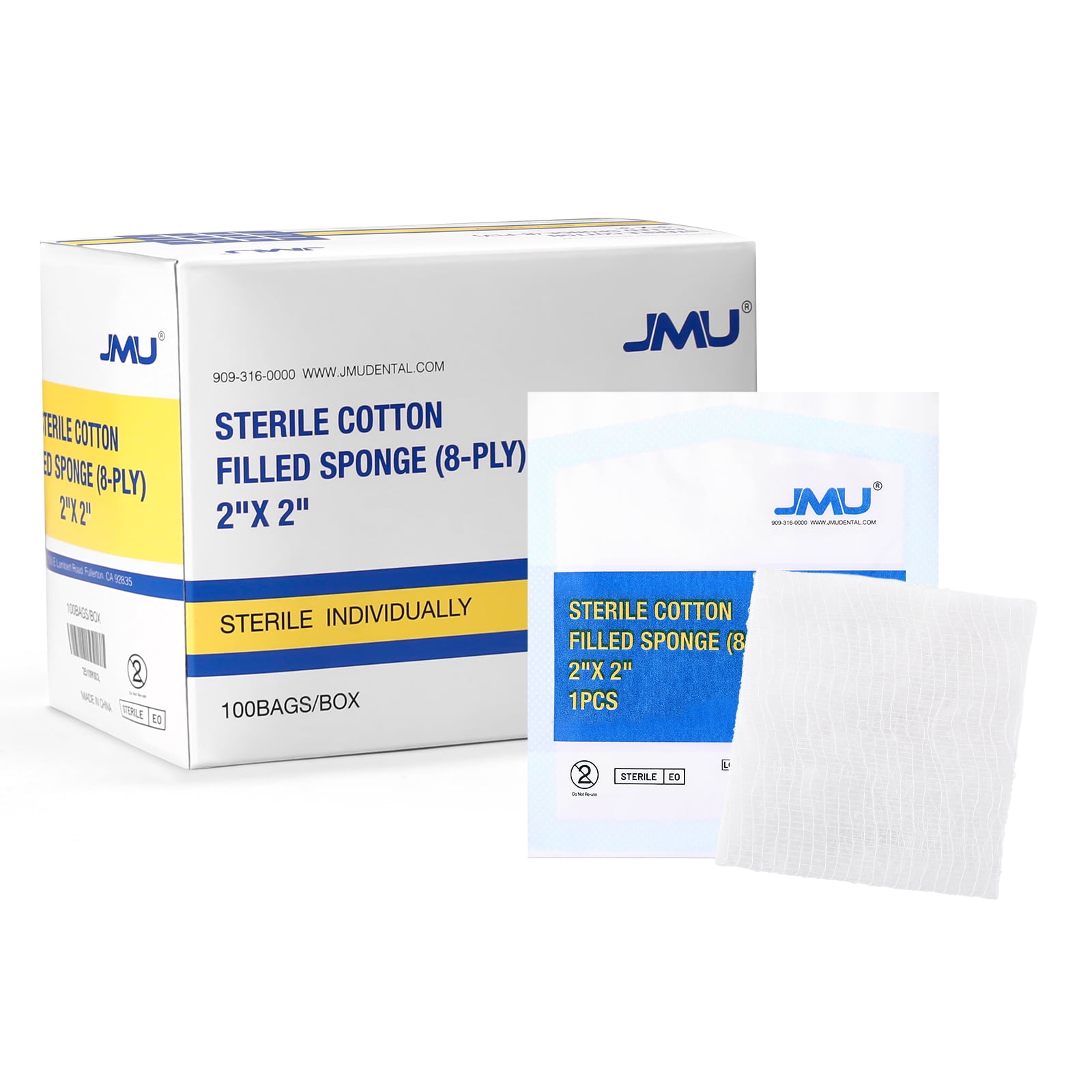 JMU DENTAL Sterile Cotton Filled Sponge 8-Ply, 2"X2", 1Pc/Bag, 100Bags ...