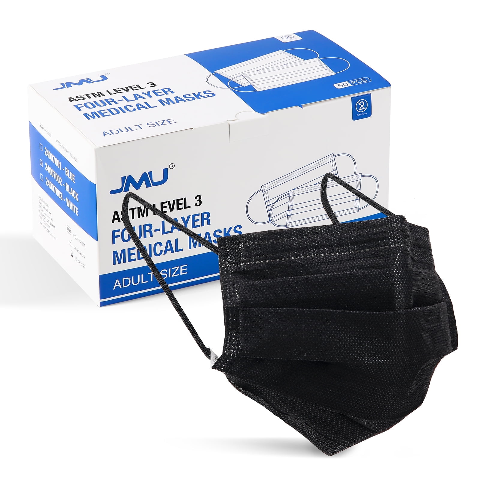 JMU Four-Layer Medical Masks ASTM Level 3, 17.5cmx9.5cm, Black, 50Pcs ...