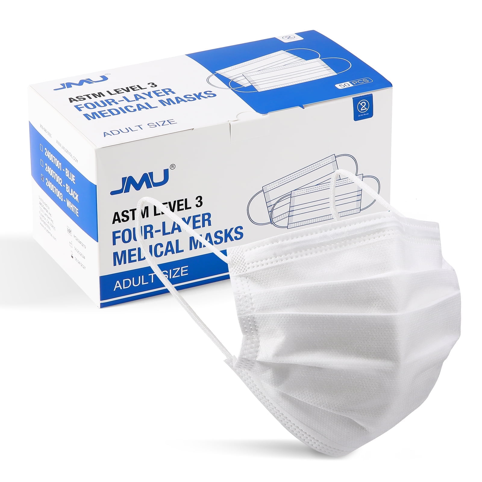 JMU Four-Layer Medical Masks ASTM Level 3, 17.5cmx9.5cm, White, 50Pcs ...