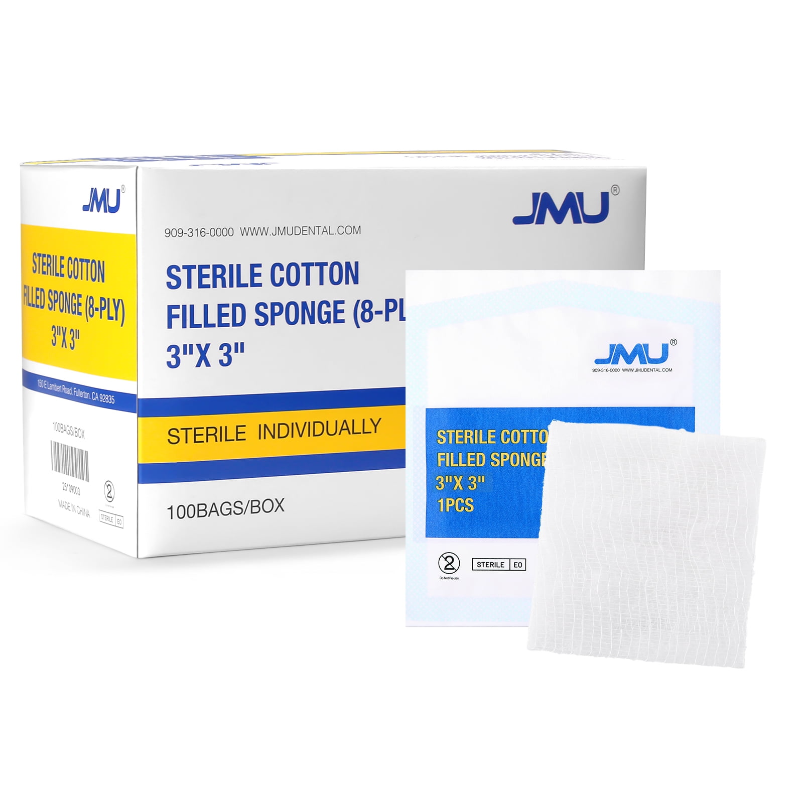 JMU Sterile Cotton Filled Sponge 8-Ply, 3"X 3", 1 Pc/Bag, 100 Bags/Box ...