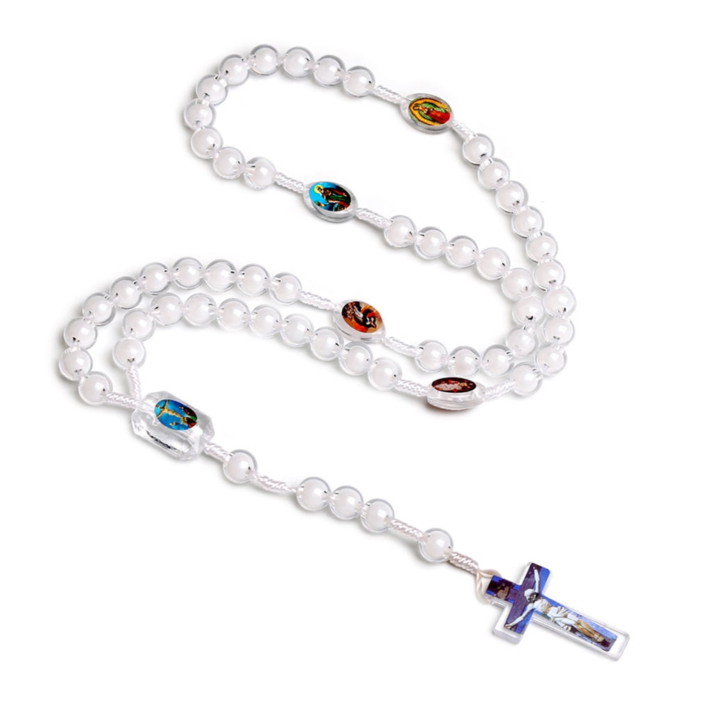 JNANEEI Catholic Rosary Necklace White Round Beaded Prayer Long Chain ...