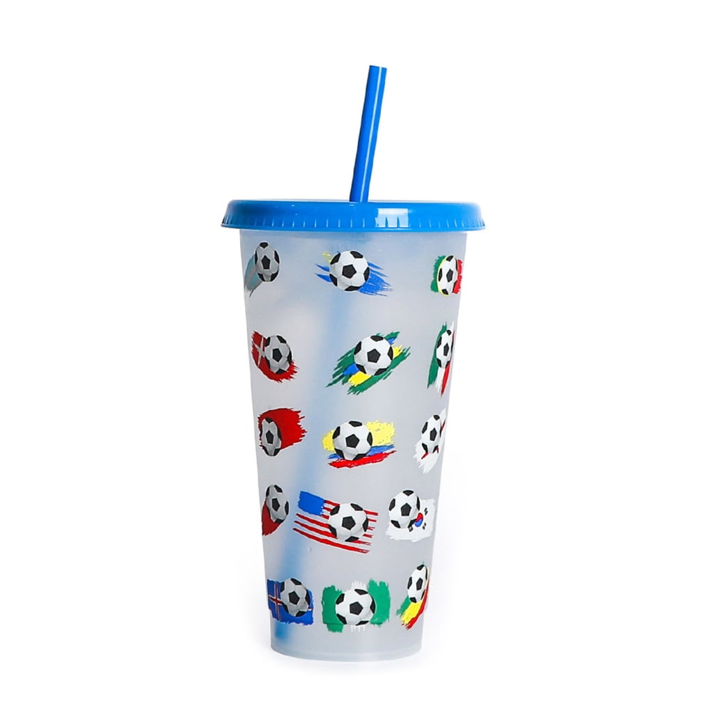 JNANEEI Color-Changing Straw Cup Reusable Football & Flag Pattern Water ...