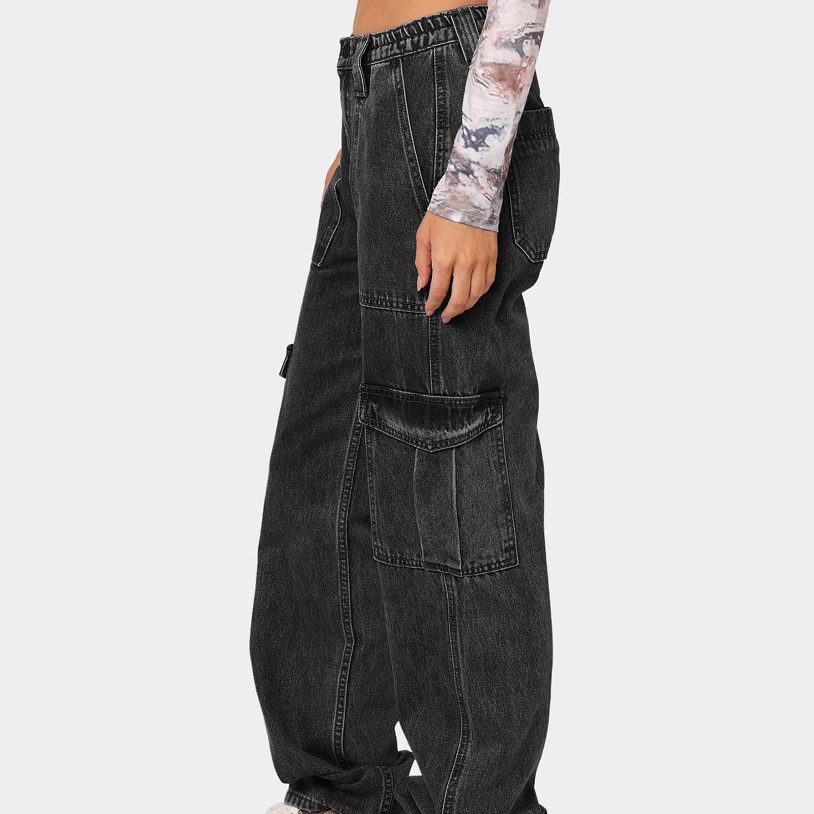 JNGSA Pants for Women Trendy,Women's High Waist Cargo Jean Flap Pocket ...