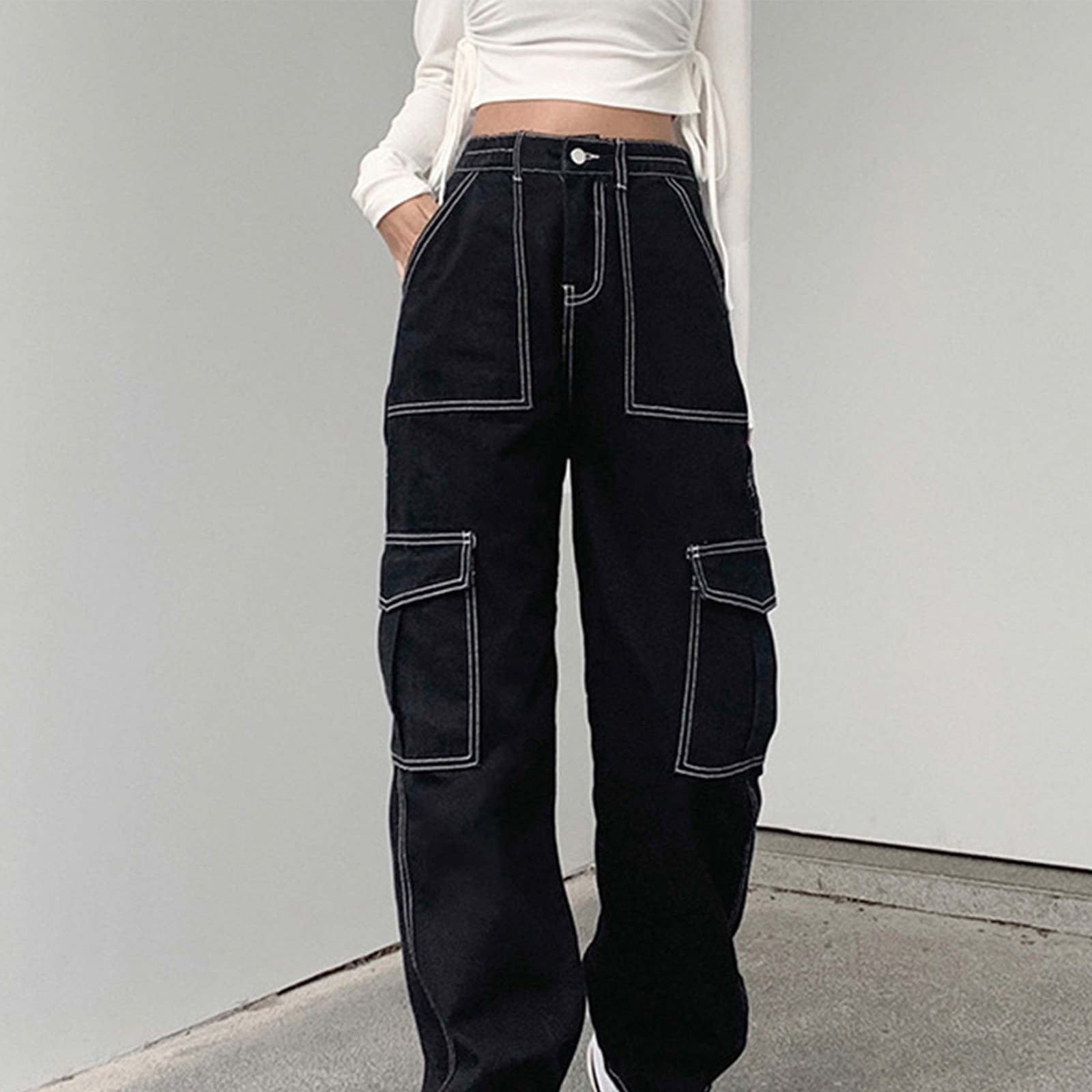 JNGSA Sweatpants Women,Women's High Waist Cargo Jean Flap Pocket Wide ...