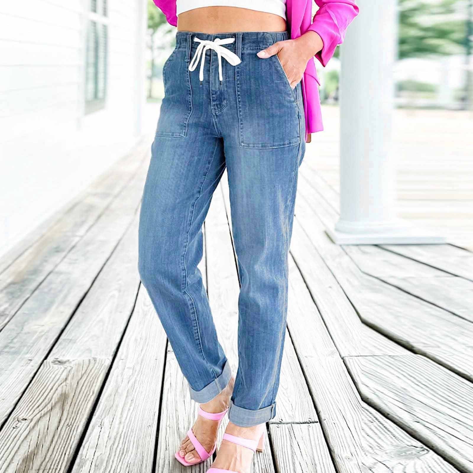 JNGSA Tummy-Control Jeans,Women's Denim Stretch Joggers Drawstring ...