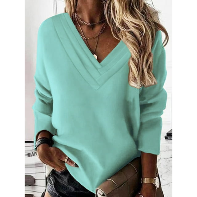 Jngsa Women V Neck Sweatshirts Casual Long Sleeve Oversized Pullover
