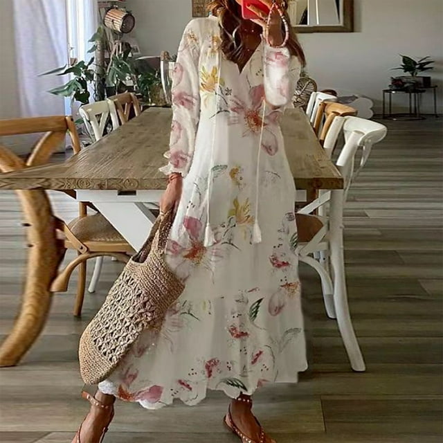 Jngsa Womens Boho Floral Maxi Dress Casual Loose Fitting Long Sleev