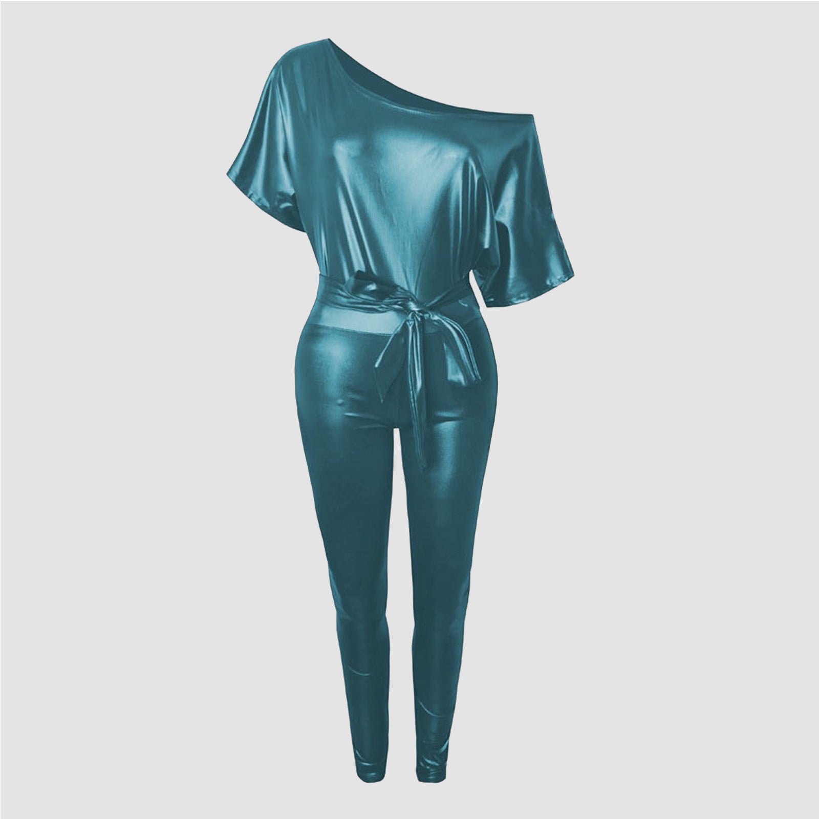 JNGSA Women's Faux Leather Jumpsuit,Long Sleeve Off Shoulder Bodycon ...