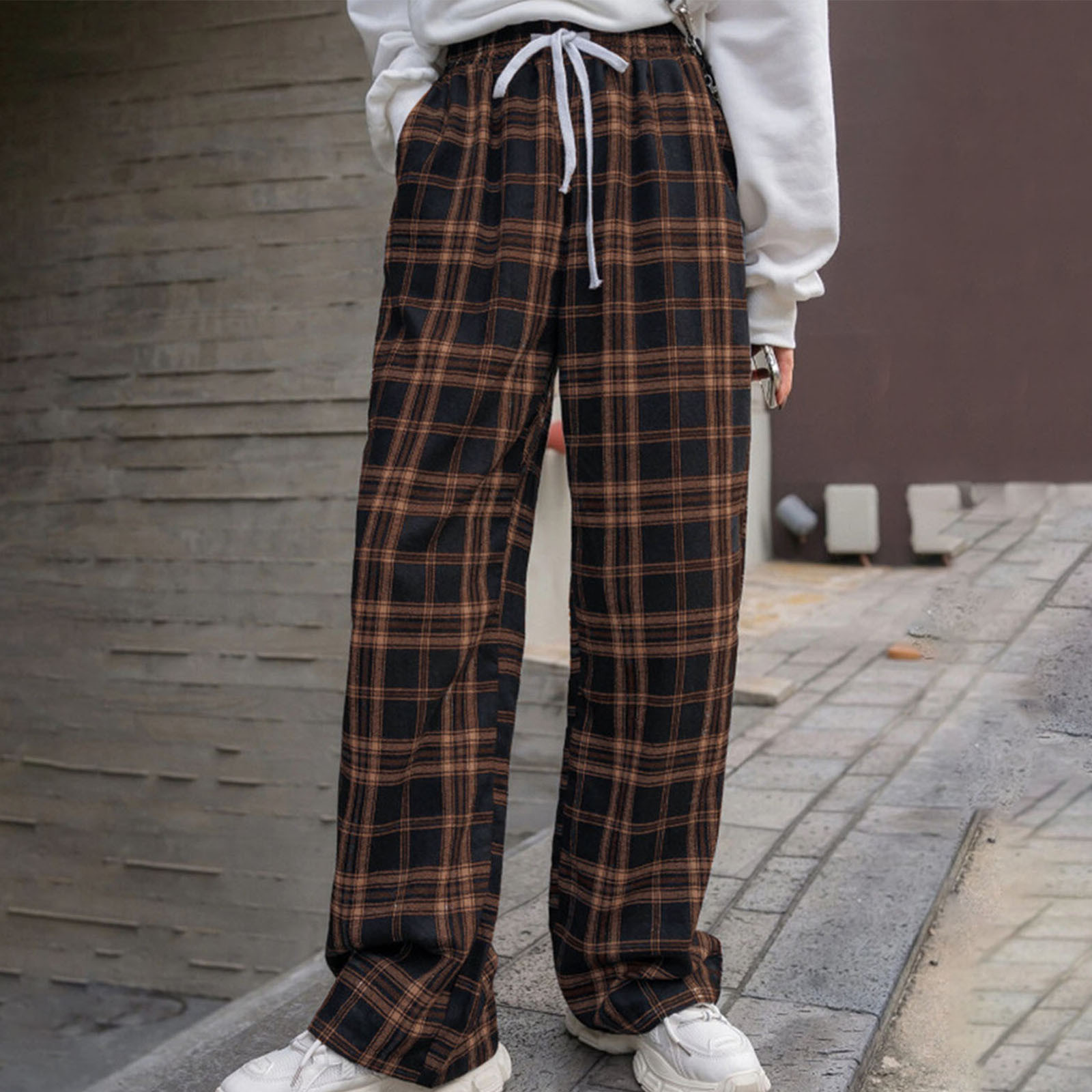 JNGSA Women's Pajama Pants High Elastic Waisted Plaid Pants Trousers ...