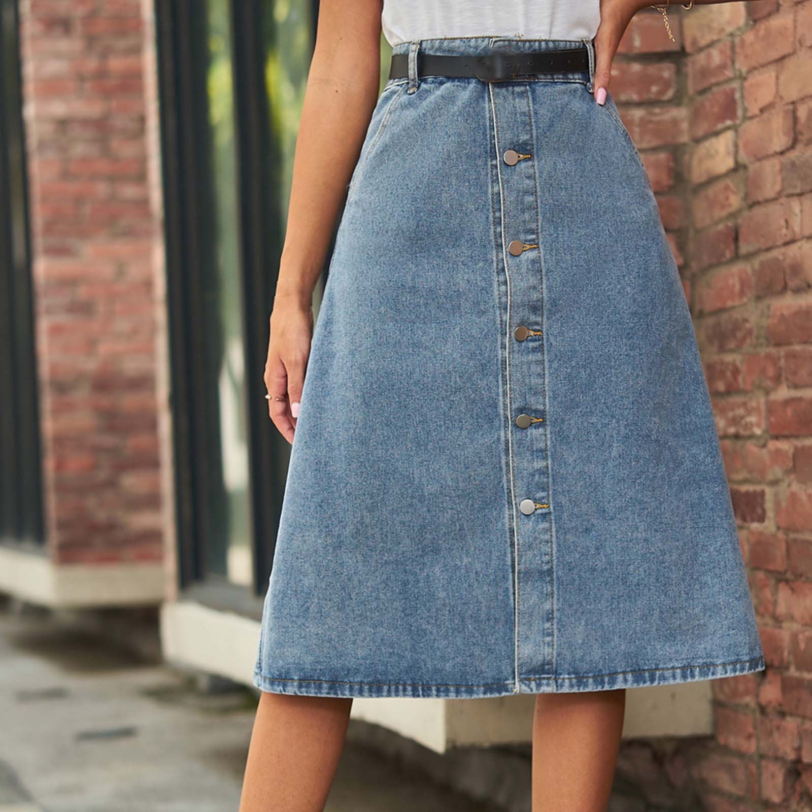 JNGSA Women's Retro A-Line Denim Skirt Long Denim Skirt with Pocket ...