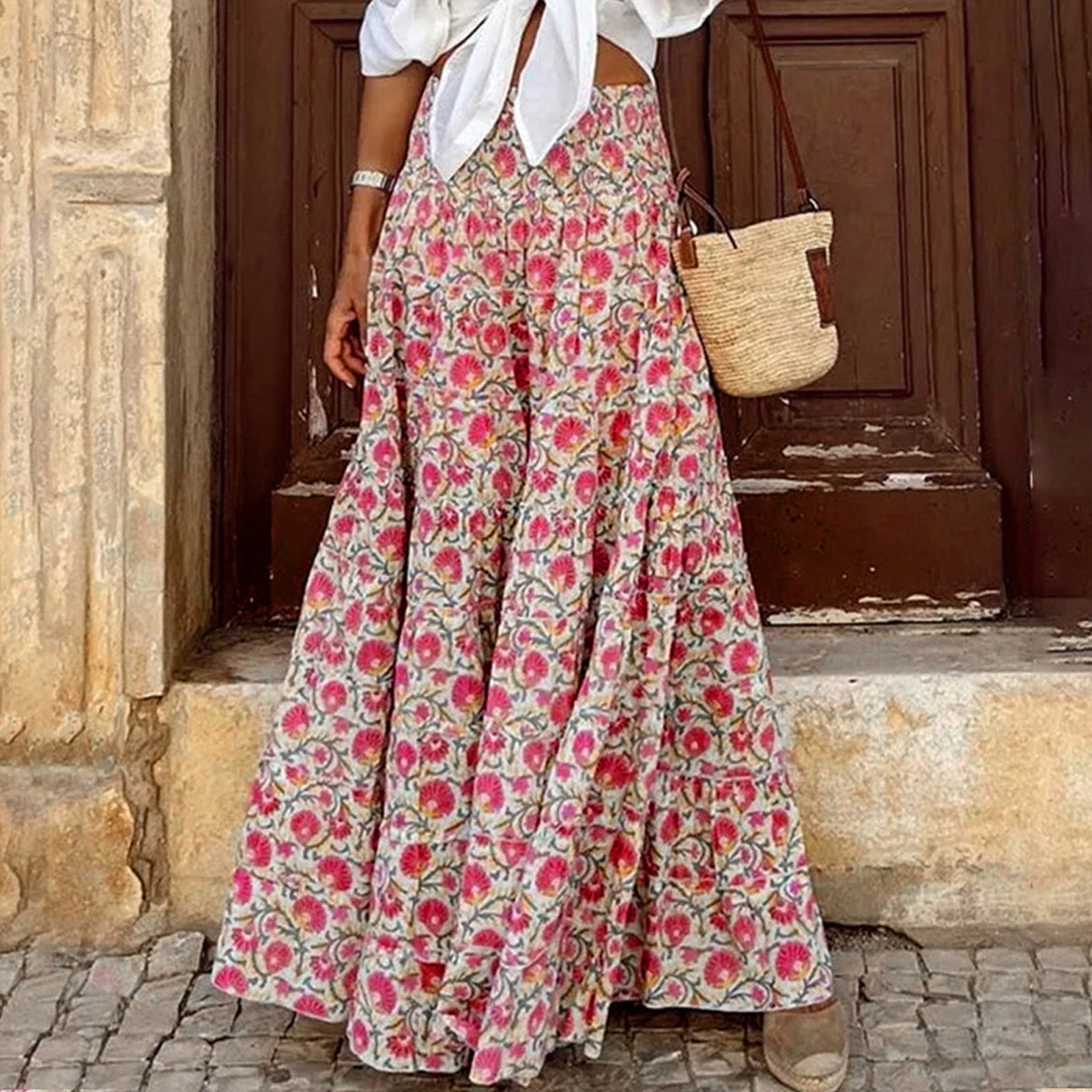 JNGSA Women's Summer Beach Skirt Midi Swing Skirt Casual Floral Elastic ...