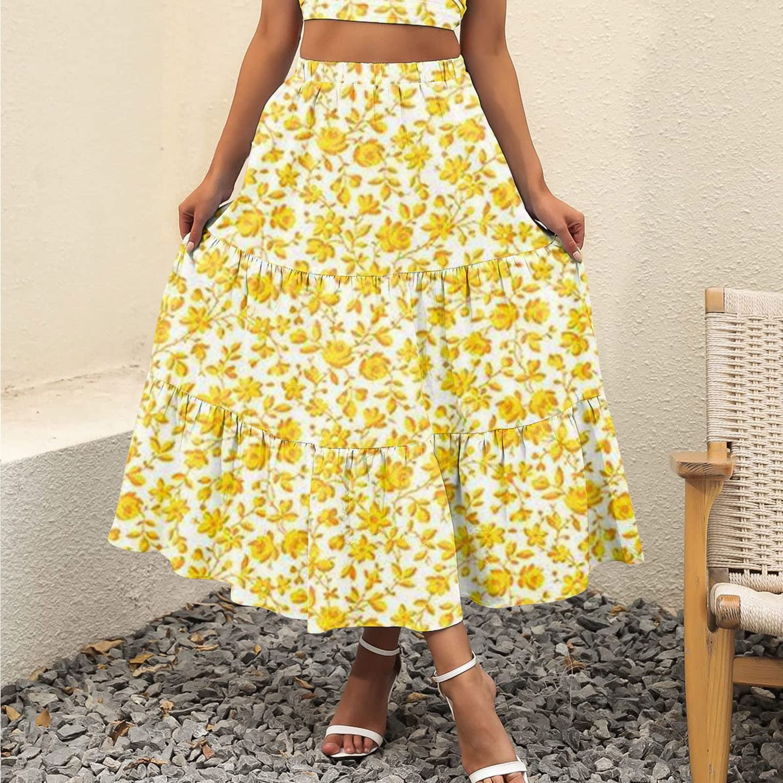 Jngsa Womens Summer Plus Size Skirts Casual Floral Print Beach Long Skirts Boho Elastic High