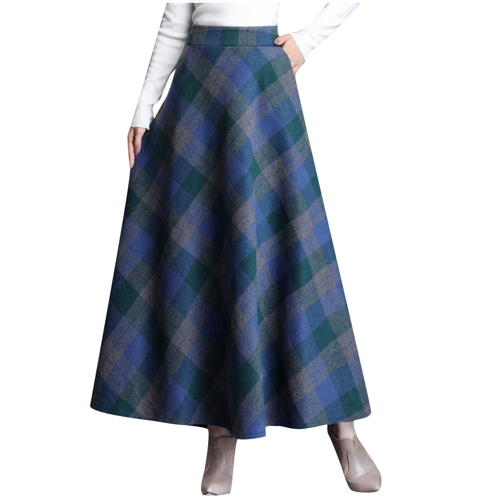 JNGSA Women's Plaid Wool Skirts Winter Mid Length High Waisted A-Line ...