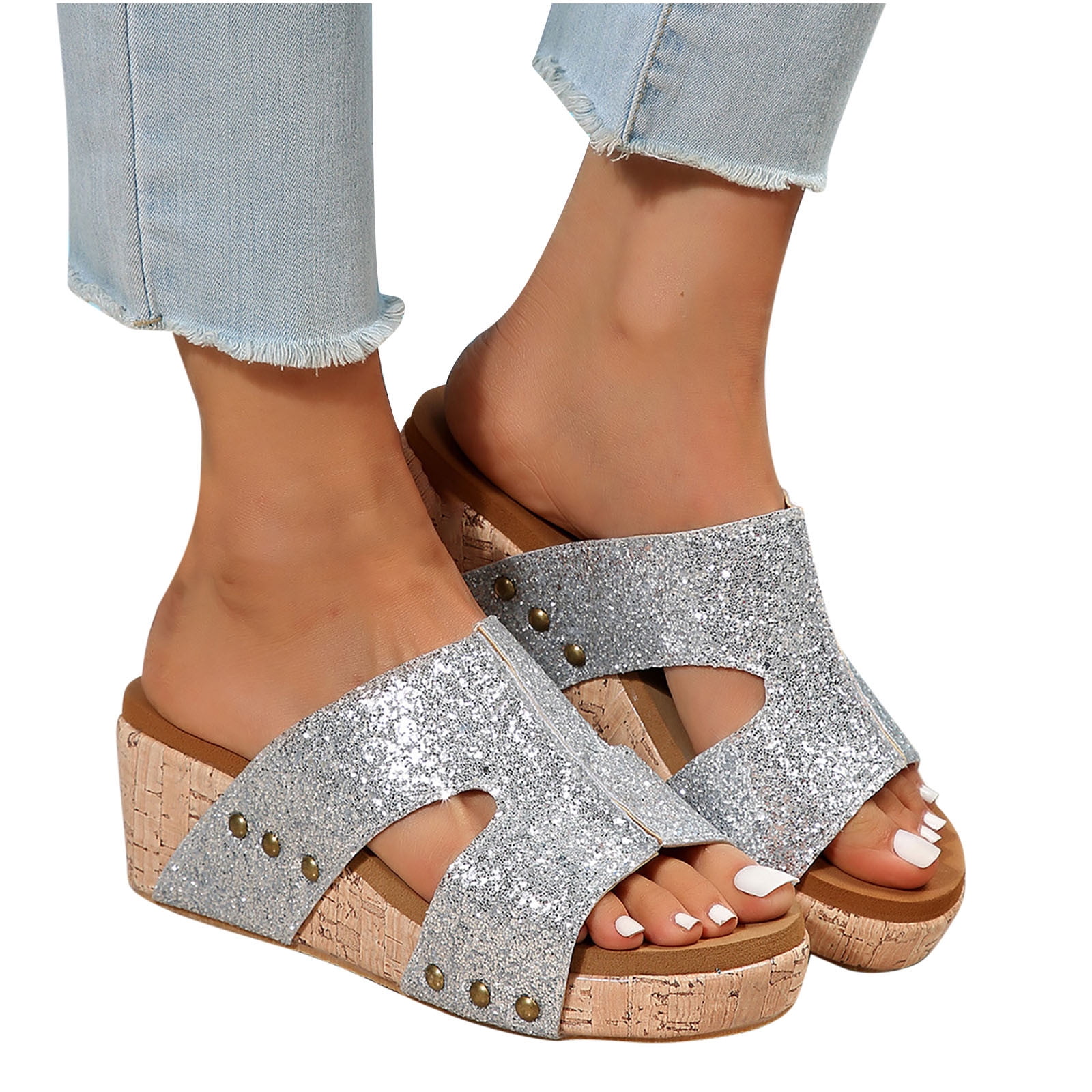 JNGSA Womens Wedge Slides Sandals Platform Sandals Open Toe Slip On ...