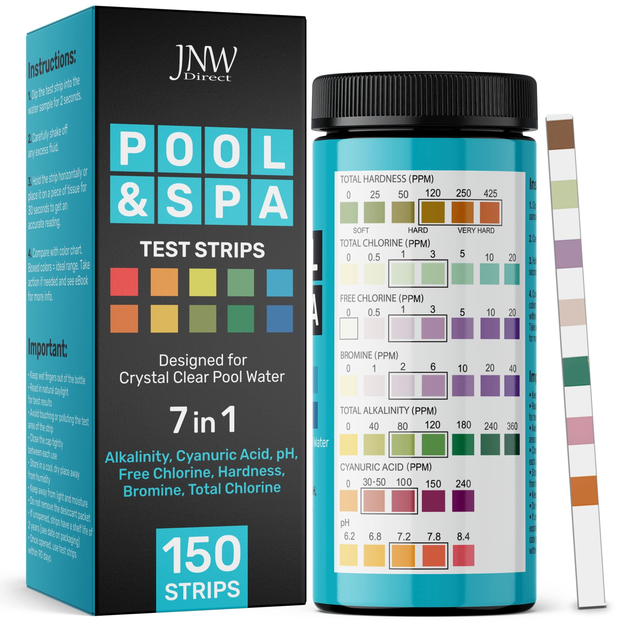 JNW 7-in-1 Pool Test HMF23 Strips, 150 Quick & Test Strips for Pool ...